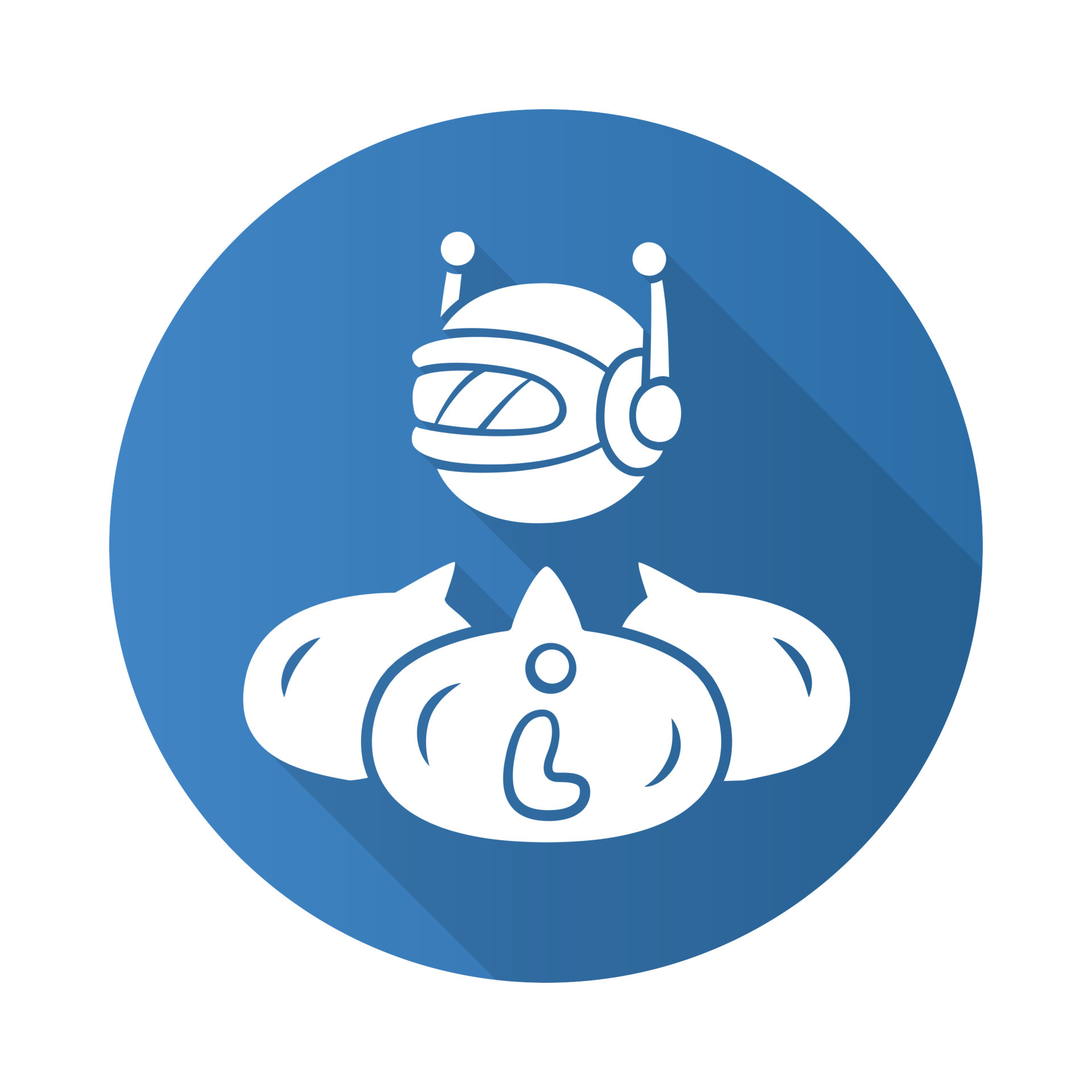 Informational bot flat design long shadow glyph icon. Robot virtual assistant. Artificial ...