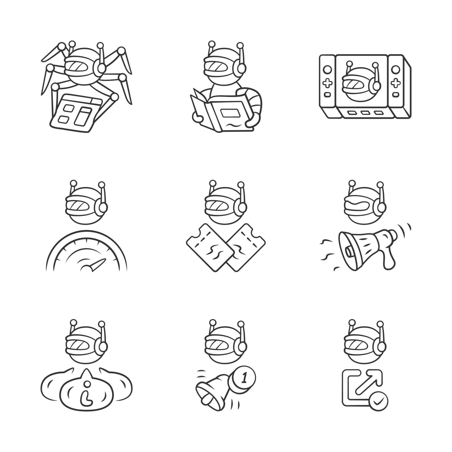 Web robots linear icons set. Crawler, text-reading, propaganda, proactive, optimizer bots ...
