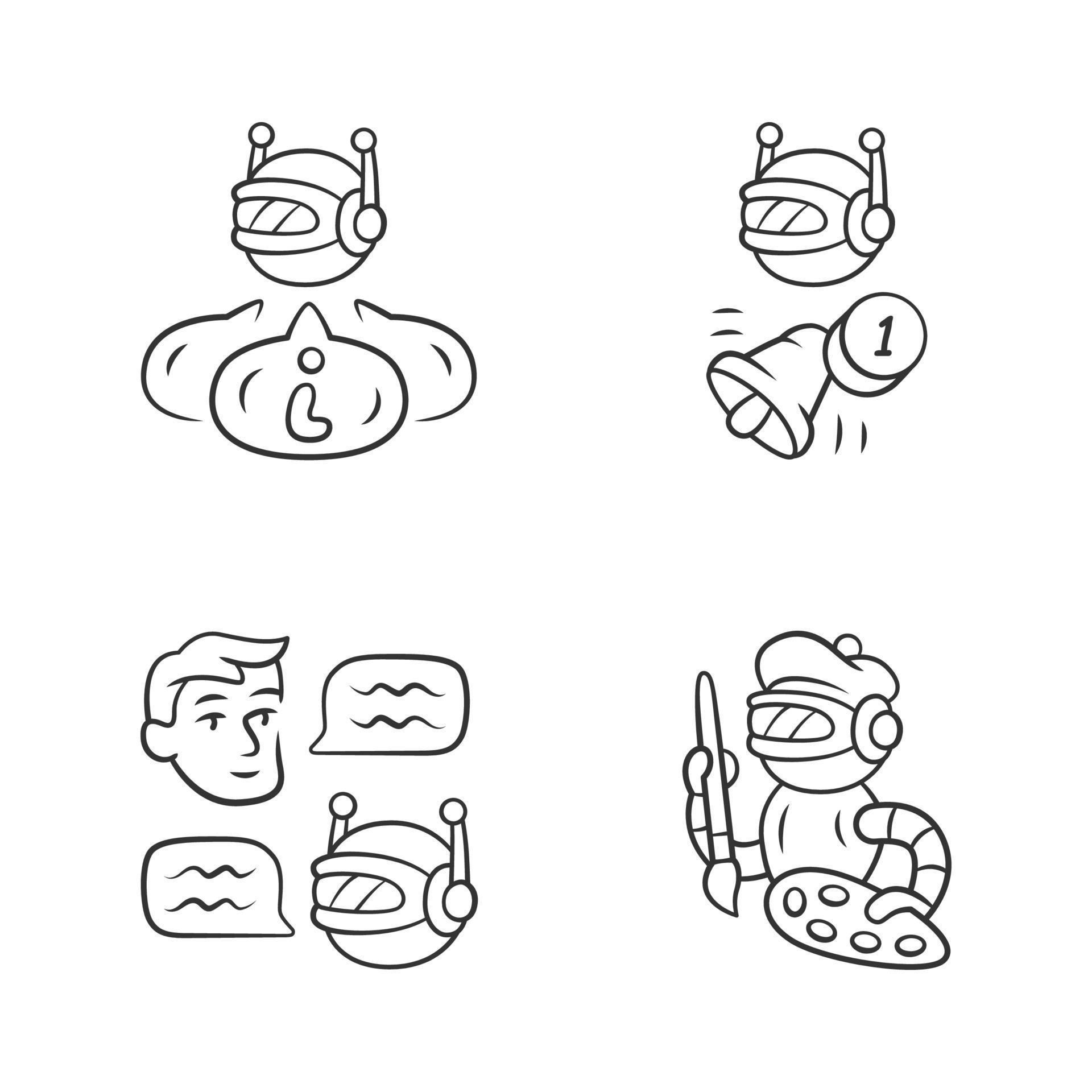 Internet robots linear icons set. Chatbot, informational, proactive bots. Cybernetics ...