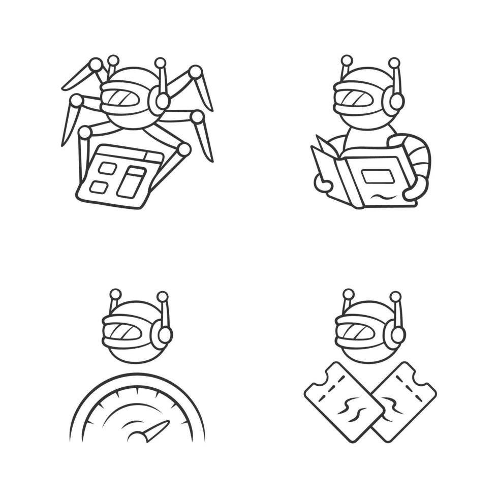 Internet bots linear icons set. Crawler, optimizer, scalper robot. Artificial intelligence. AI ...