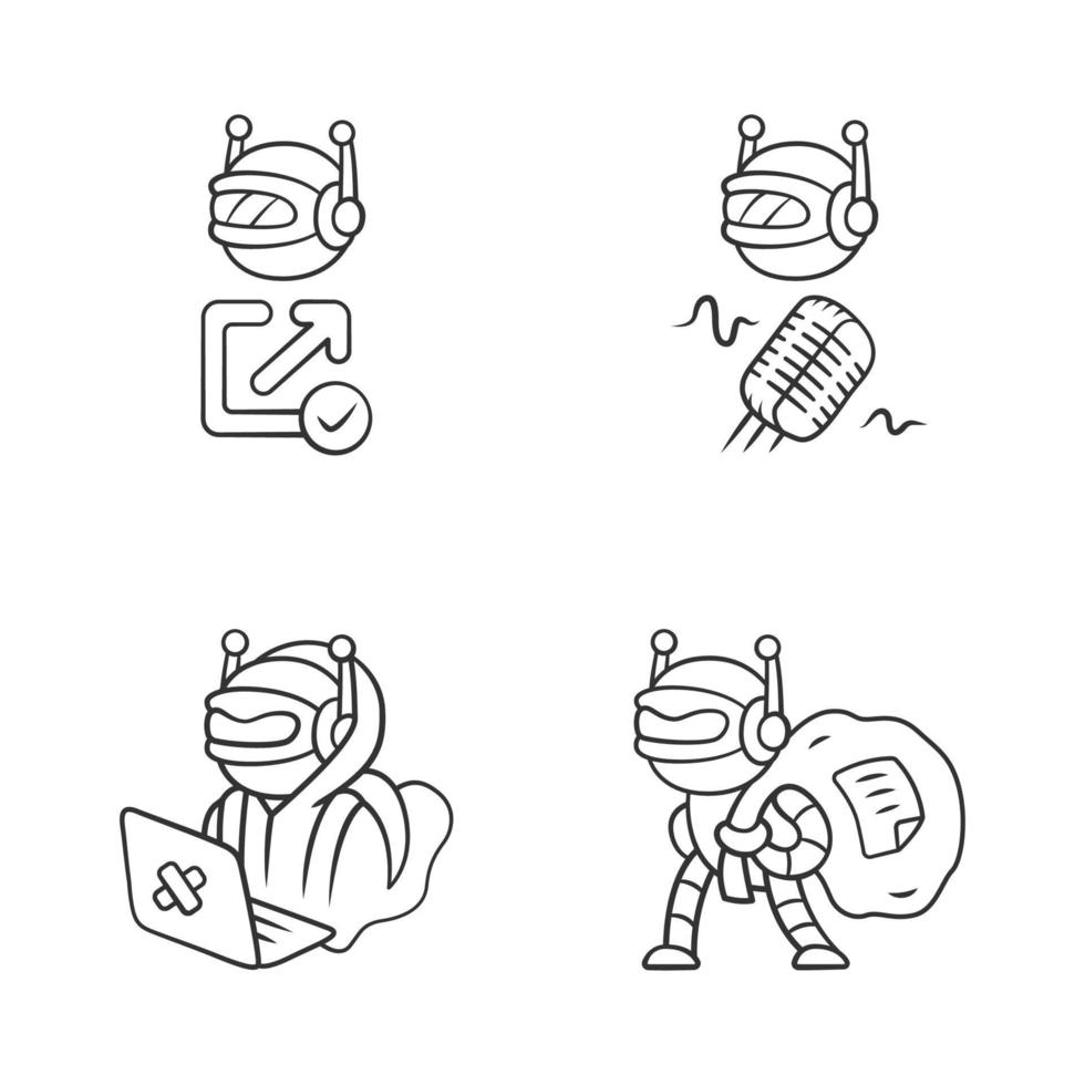 Bot types linear icons set. Hacker, backlink checker, scraper bots. Malicious robot. Artificial ...