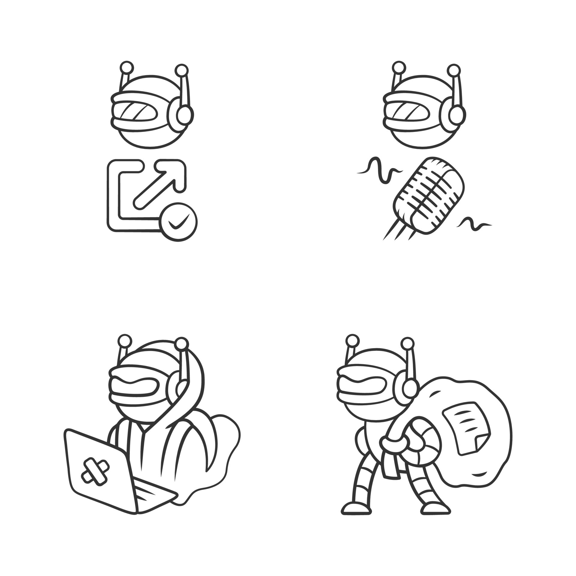 Bot types linear icons set. Hacker, backlink checker, scraper bots. Malicious robot. Artificial ...