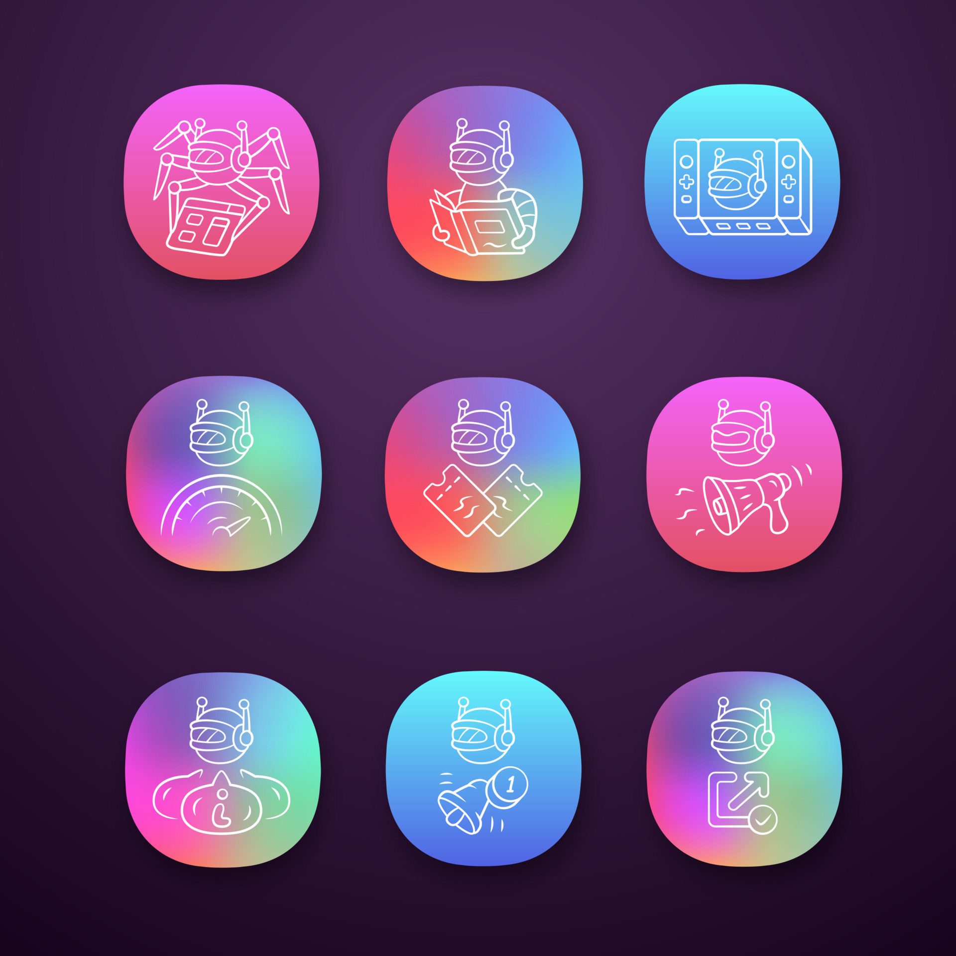 Web Robots App Icons Set Crawler Text Reading Propaganda Bot Proactive Optimizer Robot