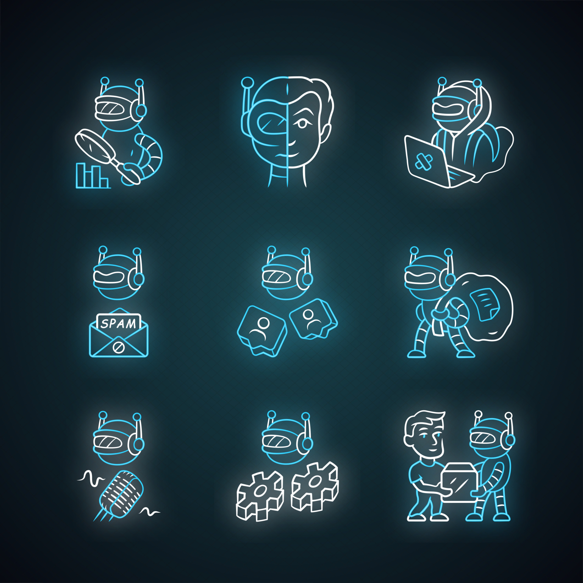 Internet bots neon light icons set. Hacker, voice, spam, impersonator, monitoring, work, scraper ...
