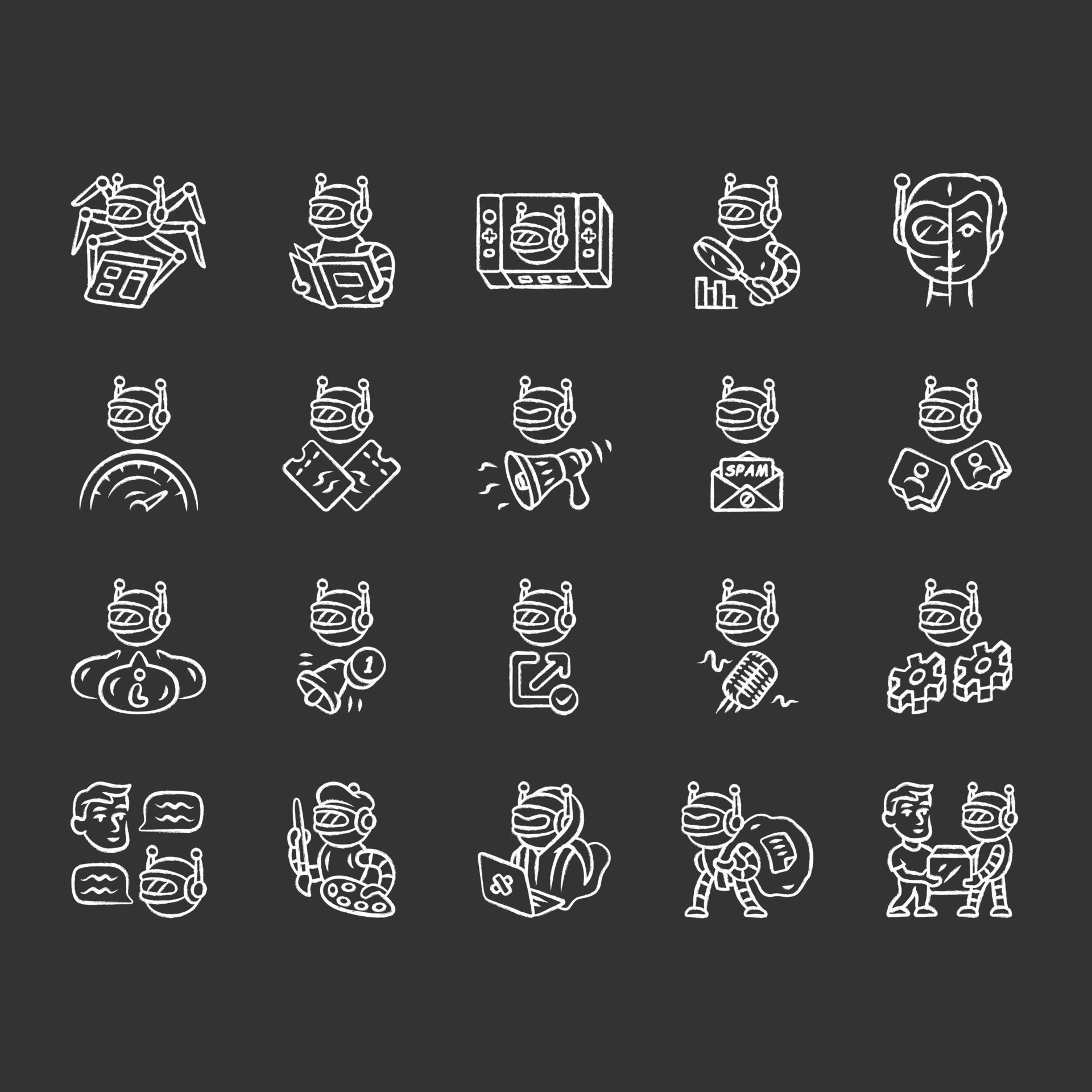 Bot types chalk icons set. Crawler, hacker, spambot, impersonator, scraper, informational robot ...