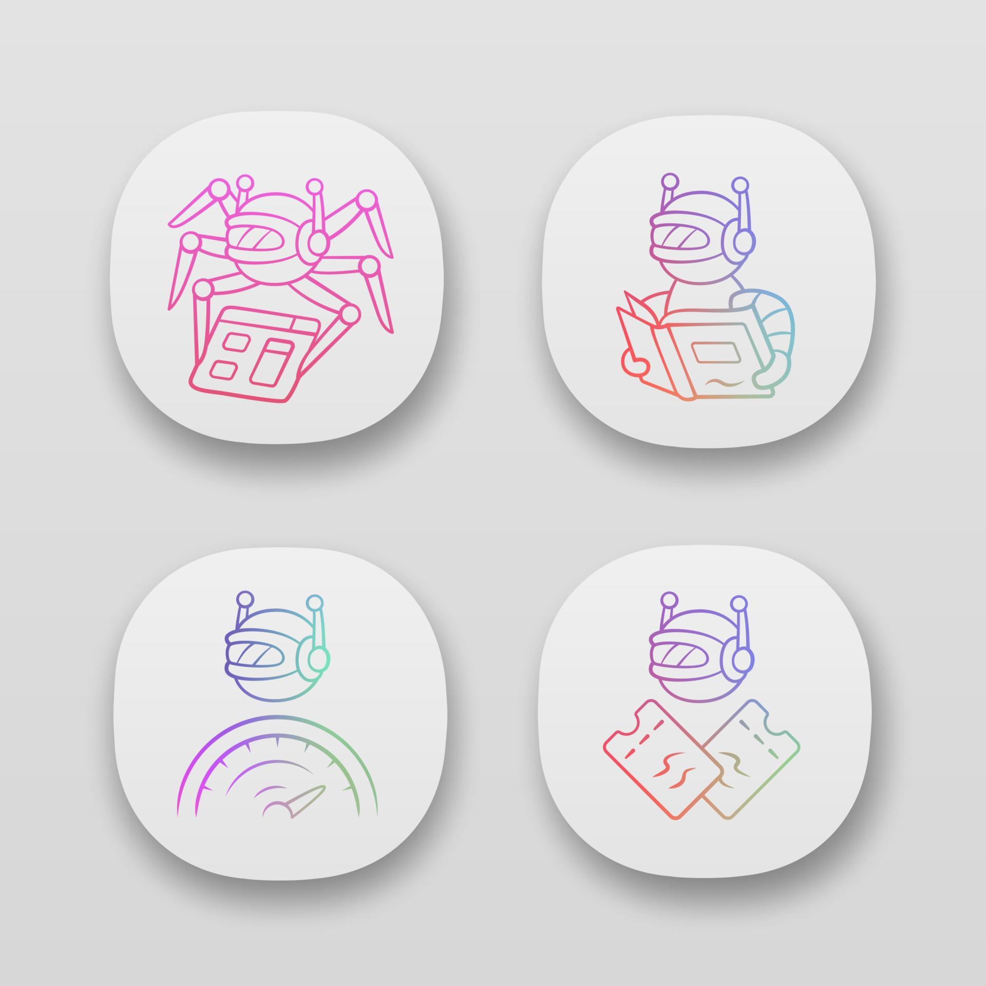 Internet bots app icons set. Crawler, text-reading, optimizer, scalper robot. Artificial ...