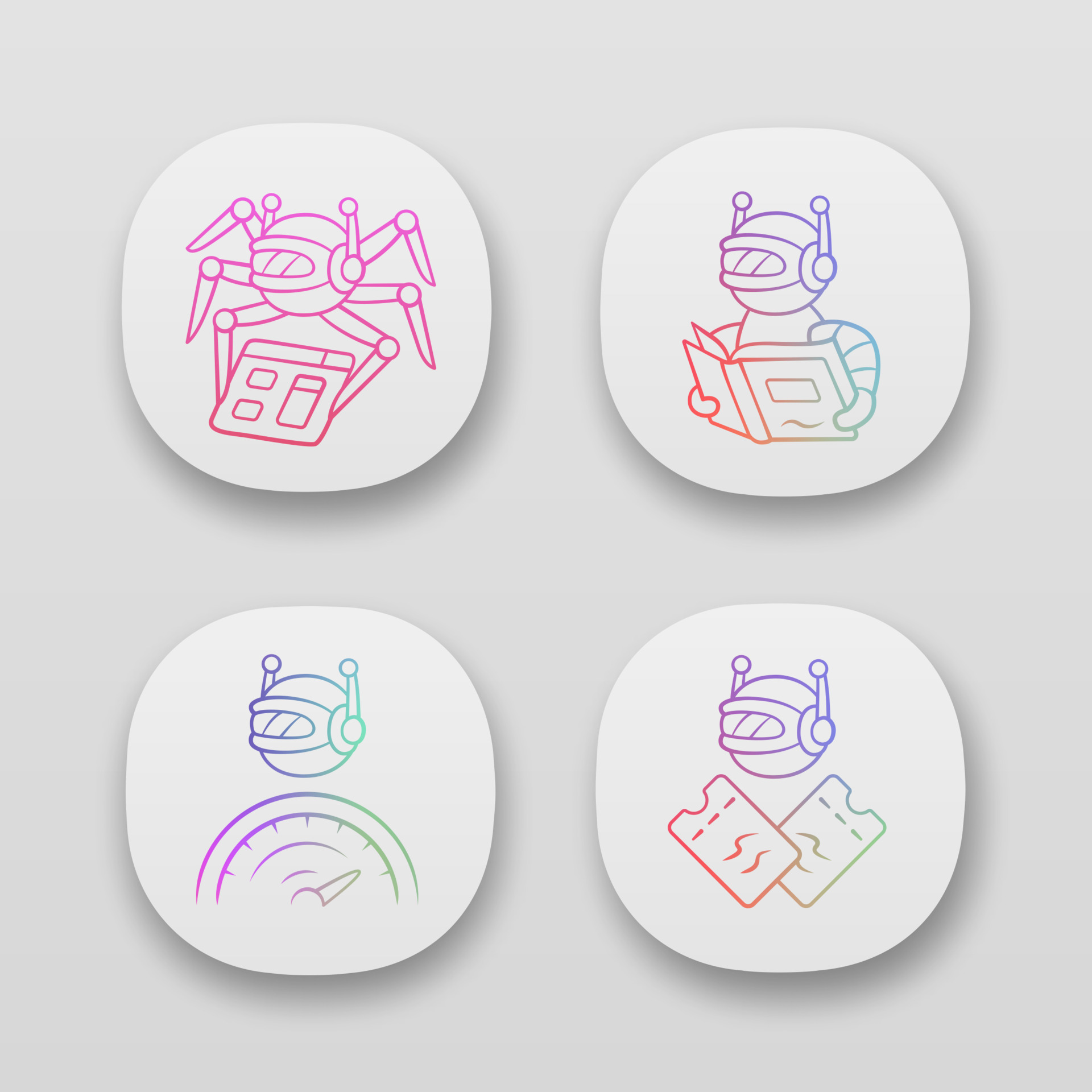 Internet Bots App Icons Set Crawler Text Reading Optimizer Scalper