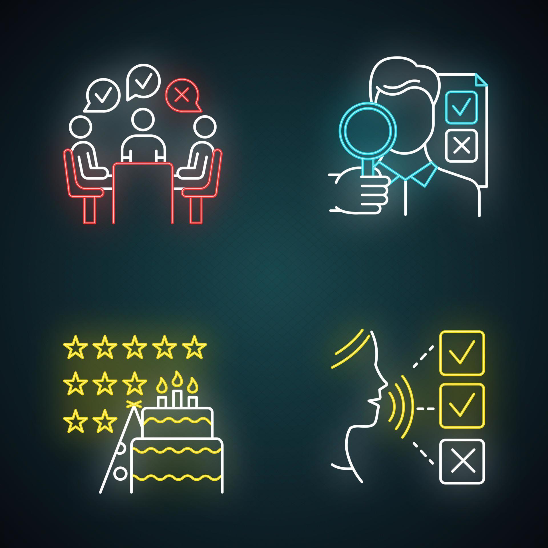 Survey methods neon light icons set. Group administered questionnaire ... Survey methods neon light icons set. Group administered questionnaire ...