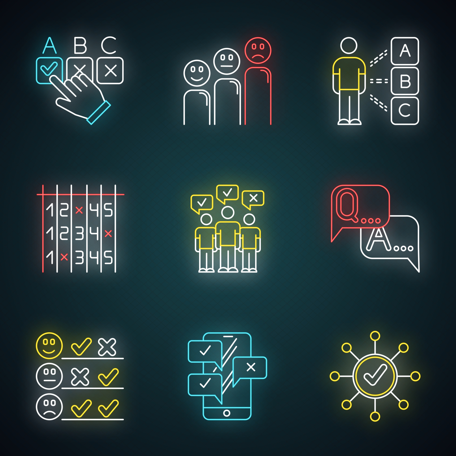 Survey Neon Light Icons Set Choosing Checkbox Correct And Wrong Answer Satisfaction Level