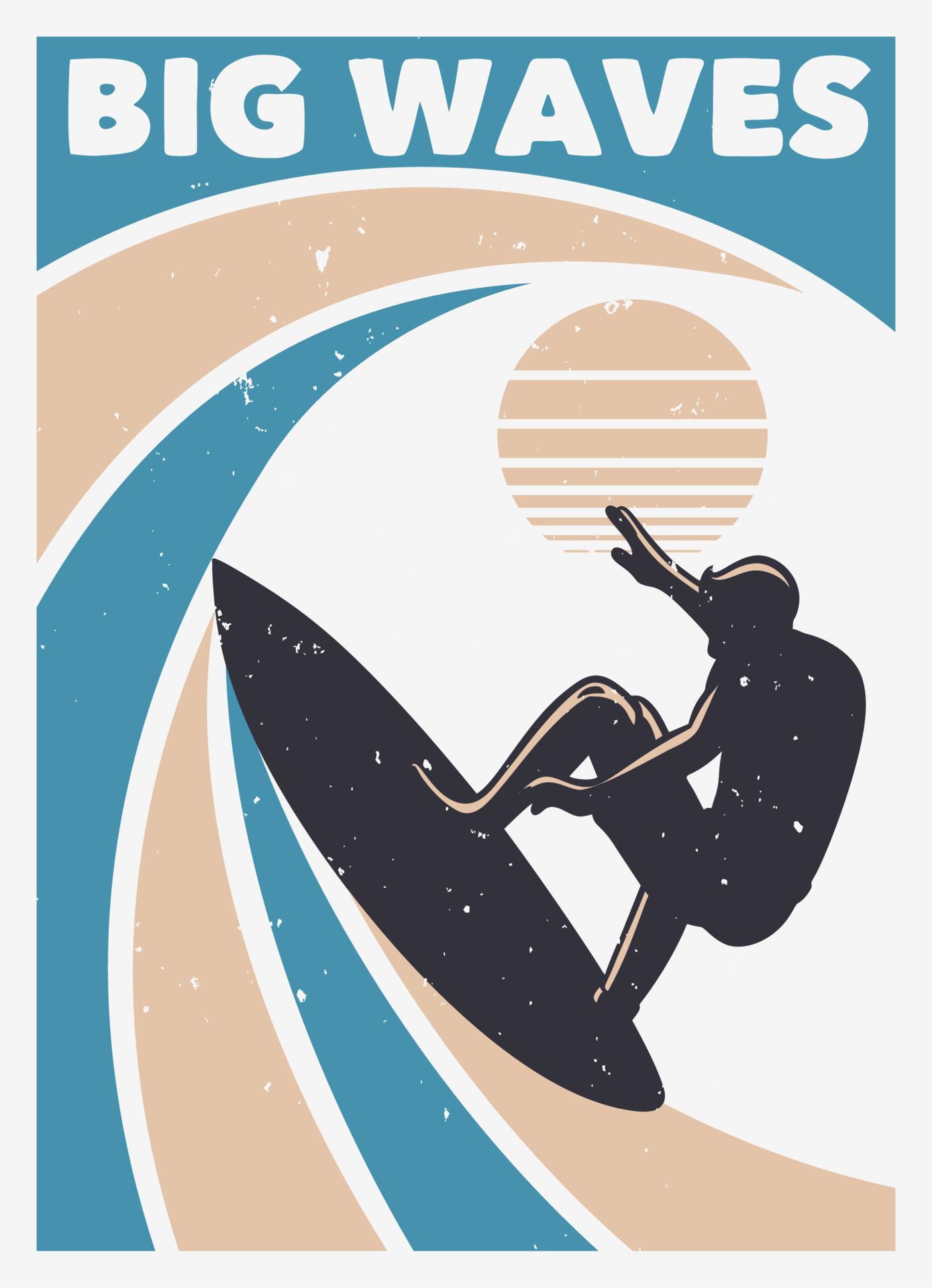 Big waves surfing vintage retro poster template 4448469 Vector Art at ...