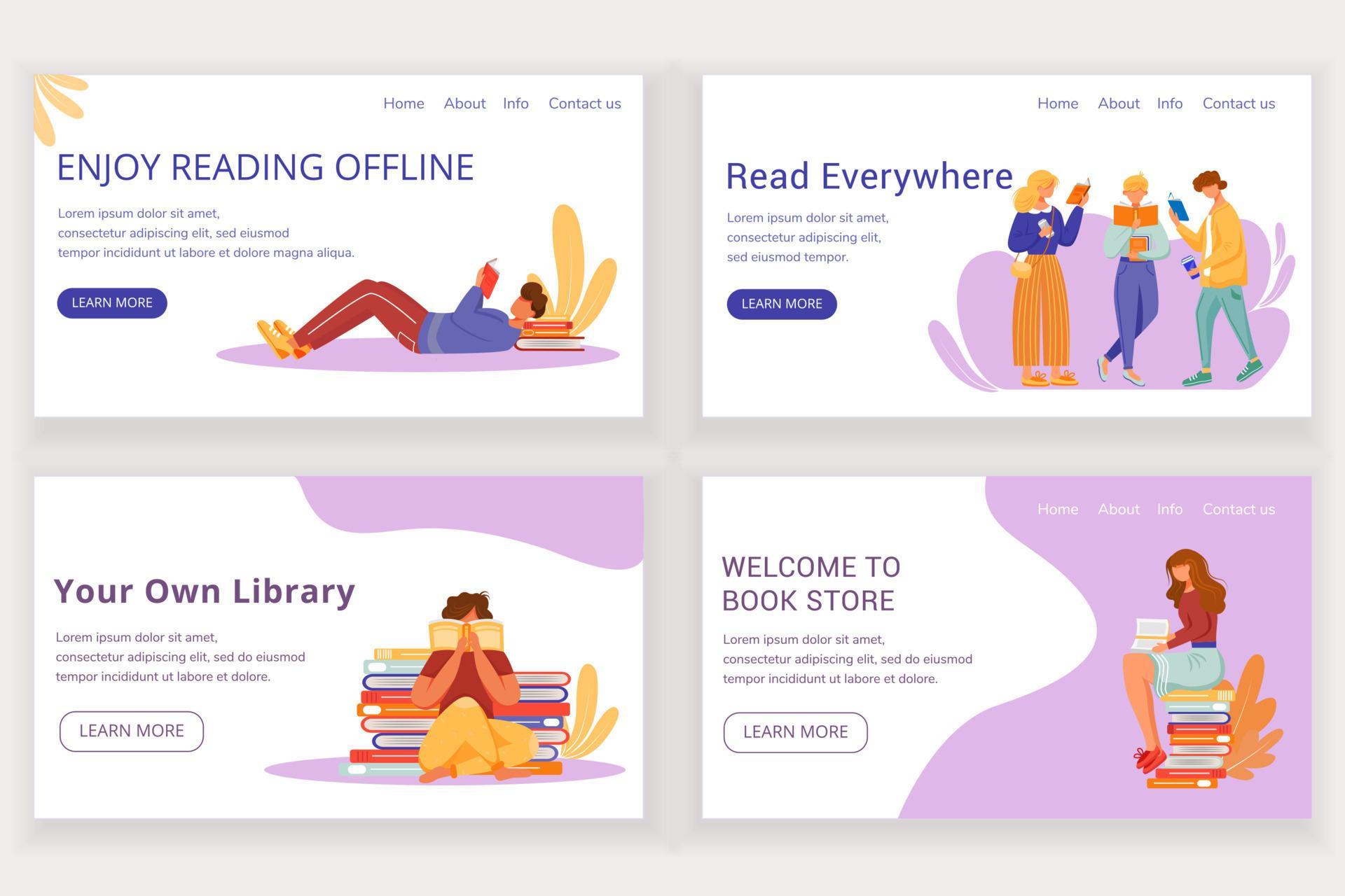Reading book landing page vector template set. Offline bookstore ...