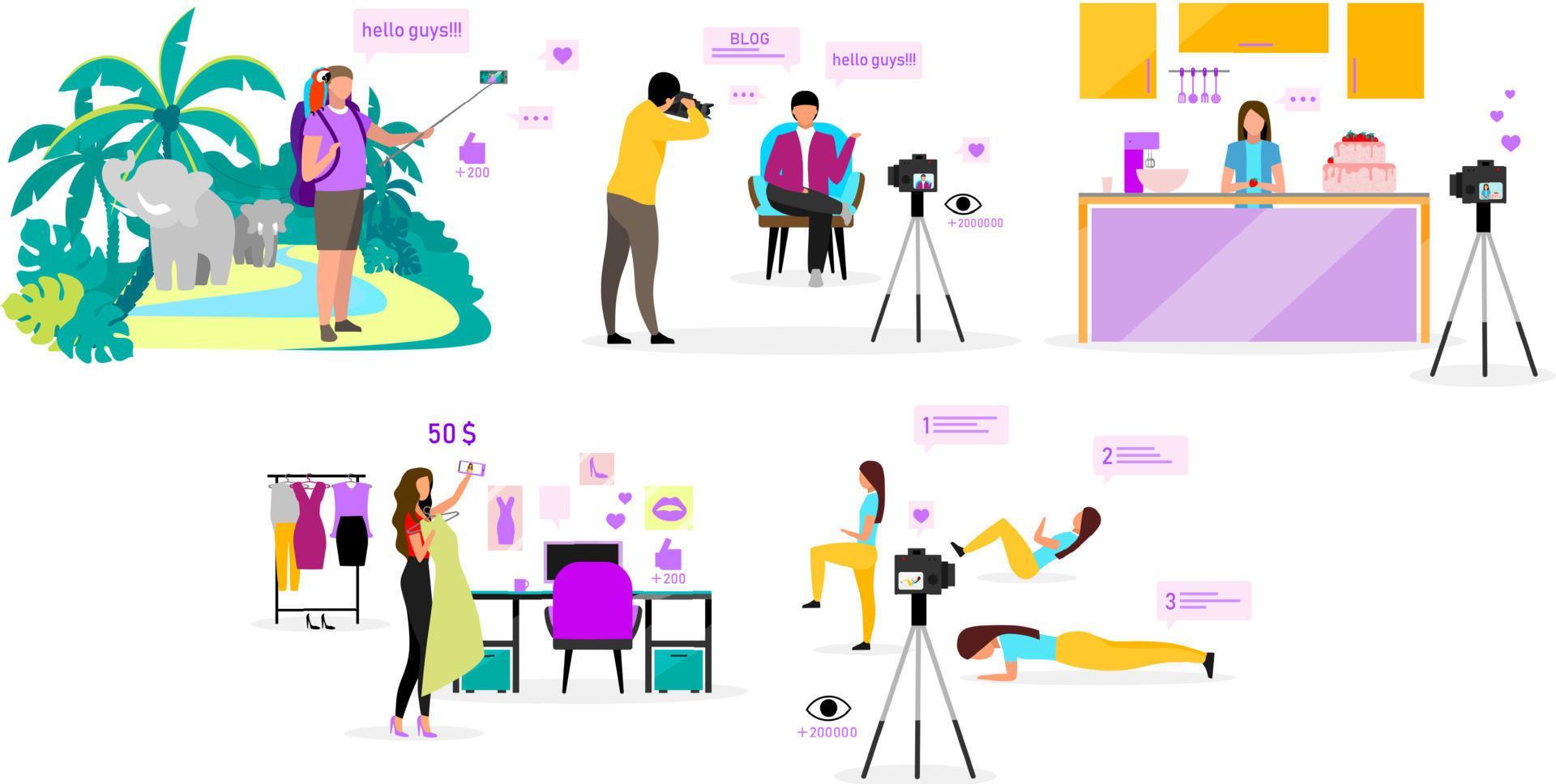 Bloggers flat vector illustrations set. Travel, fashion, sports and cooking blog. Filmmakers ...