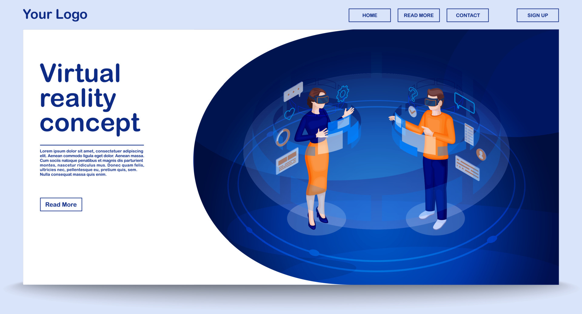 Virtual reality webpage vector template with isometric illustration ...