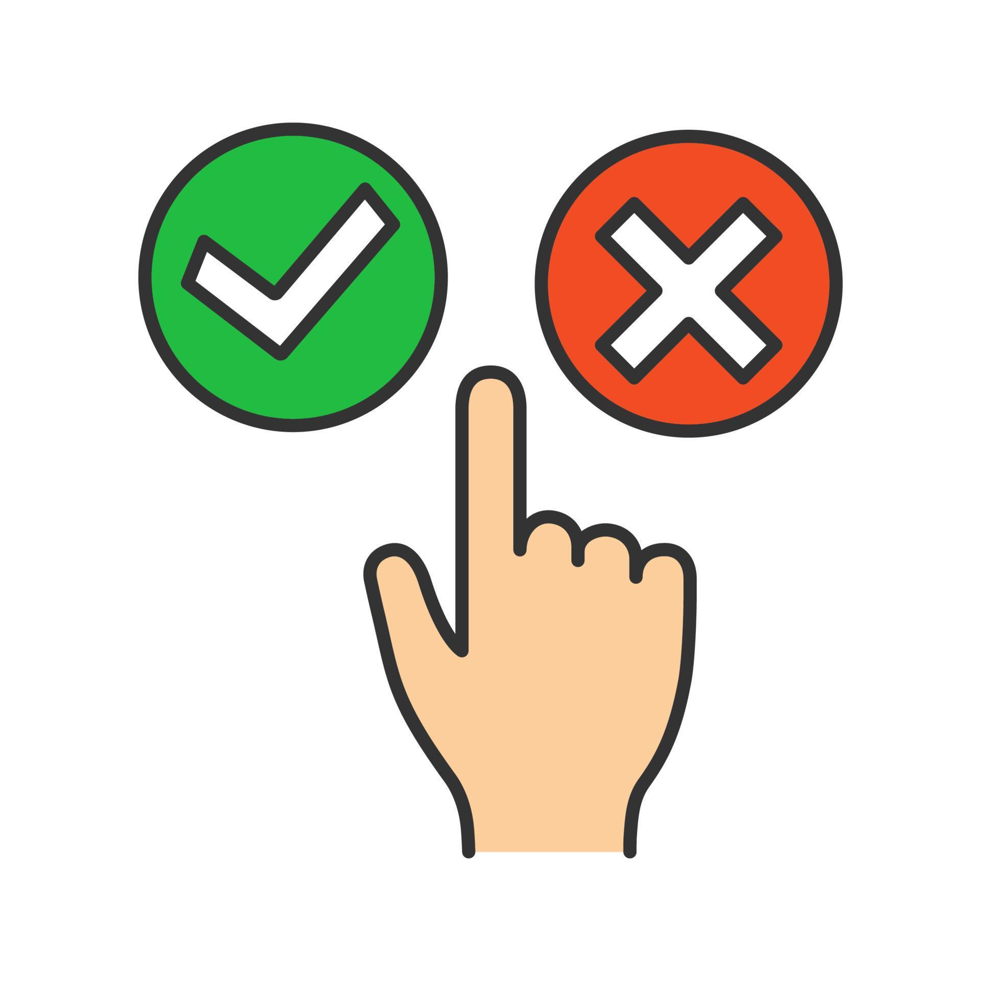 Accept and decline buttons color icon. Yes or no click. Approve and delete. Hand pushing button ...
