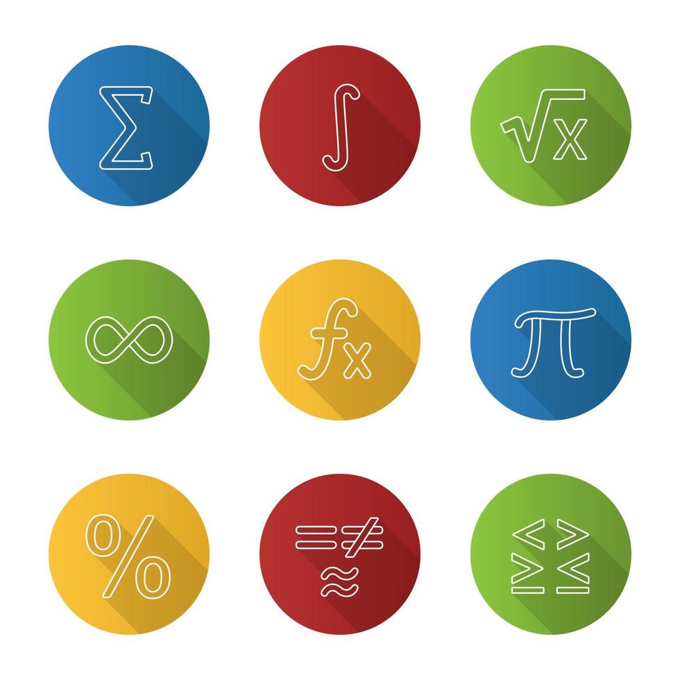 Mathematics flat linear long shadow icons set. Math symbols. Algebra ... Mathematics flat linear long shadow icons set. Math symbols. Algebra ...