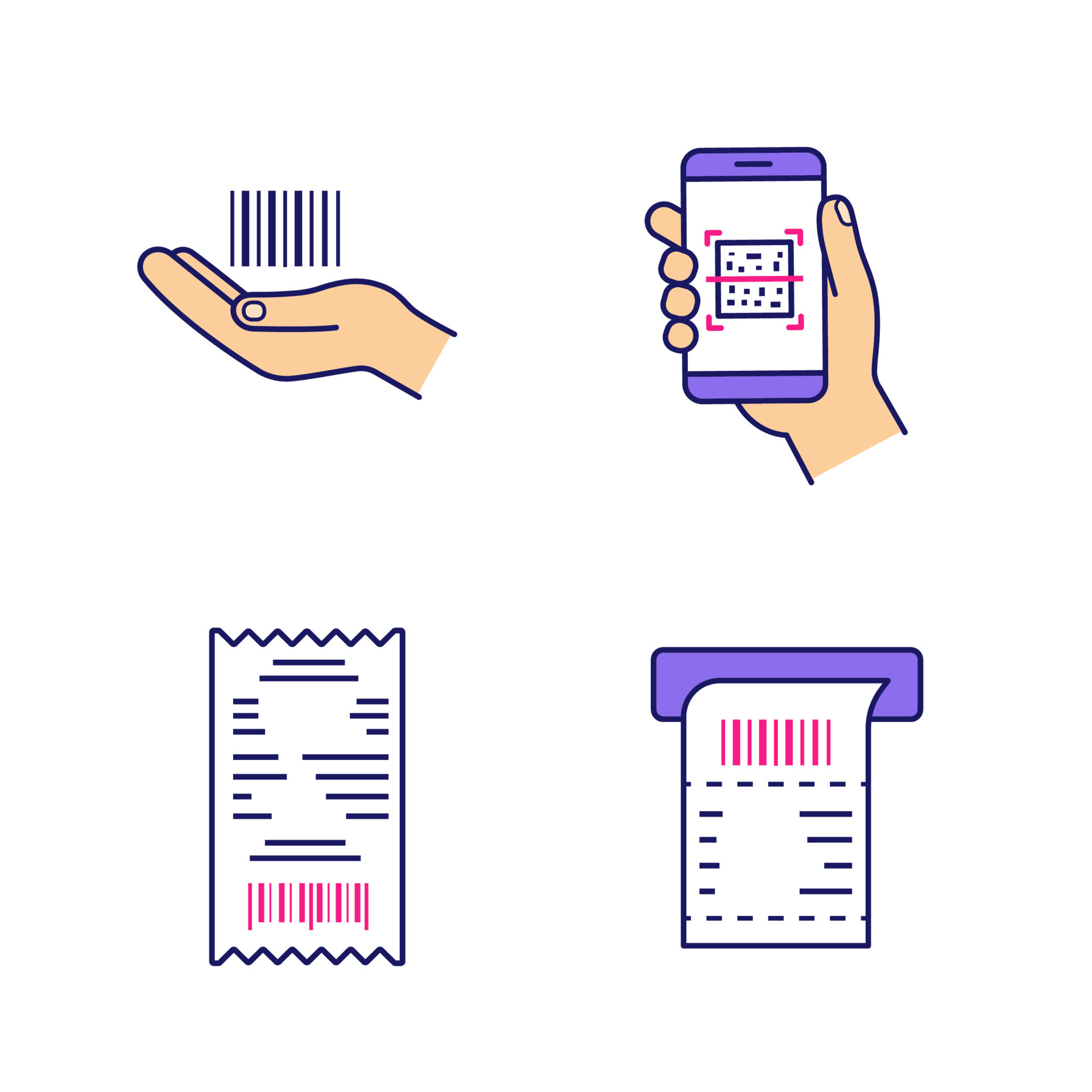 Brcodes color icons set. Linear barcode in hand, QR codes scanning app ... Brcodes color icons set. Linear barcode in hand, QR codes scanning app ...