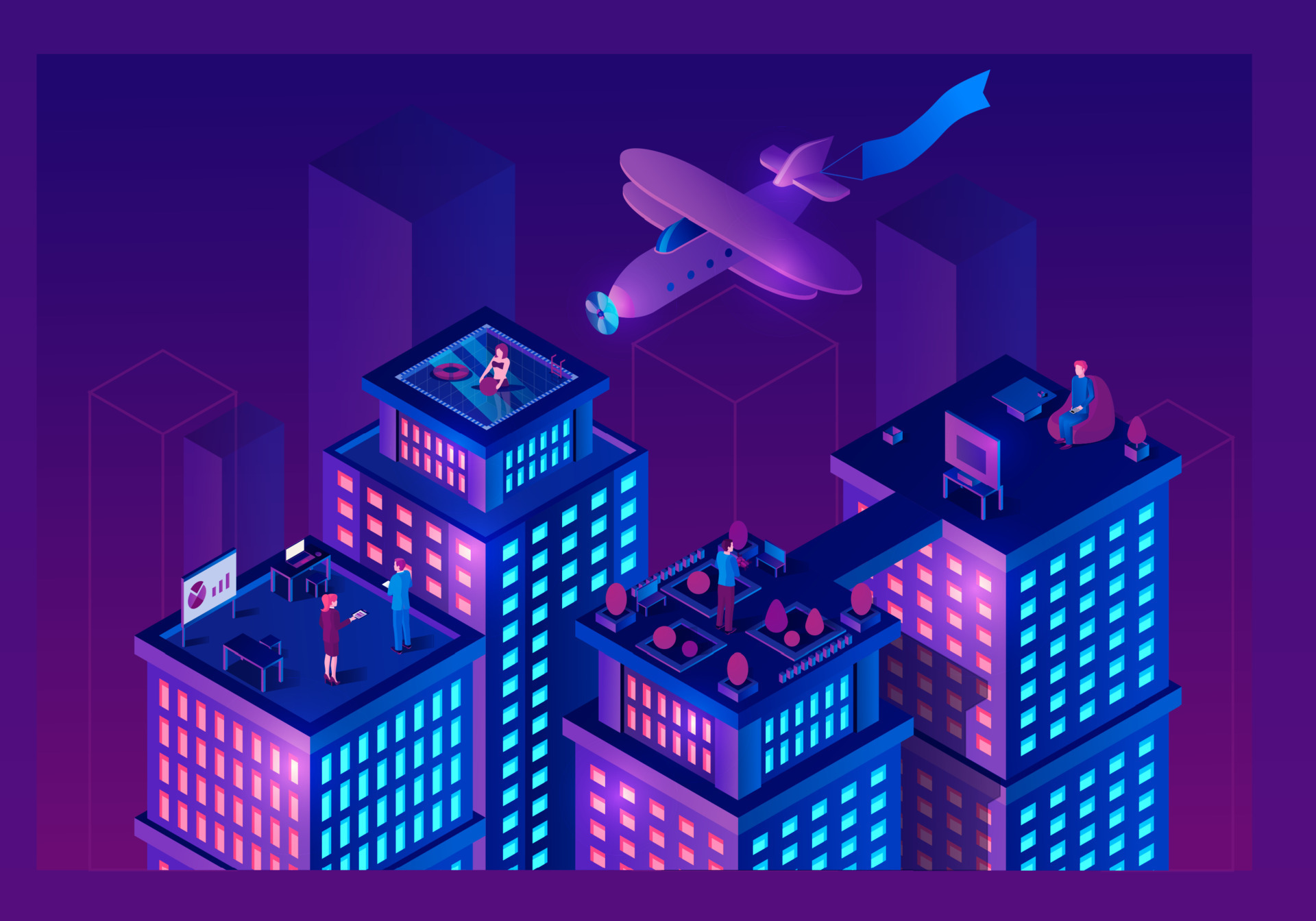 Smart buildings isometric illustration. Neon futuristic city ...
