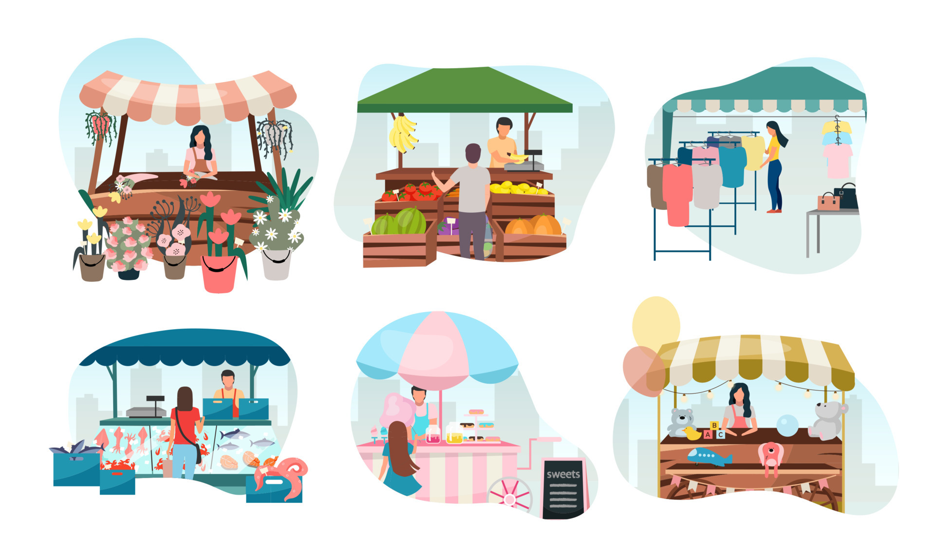 Street Market Stalls Flat Vector Illustrations Set Fair Funfair Trade street-market-stalls-flat-vector-illustrations-set-fair-funfair-trade