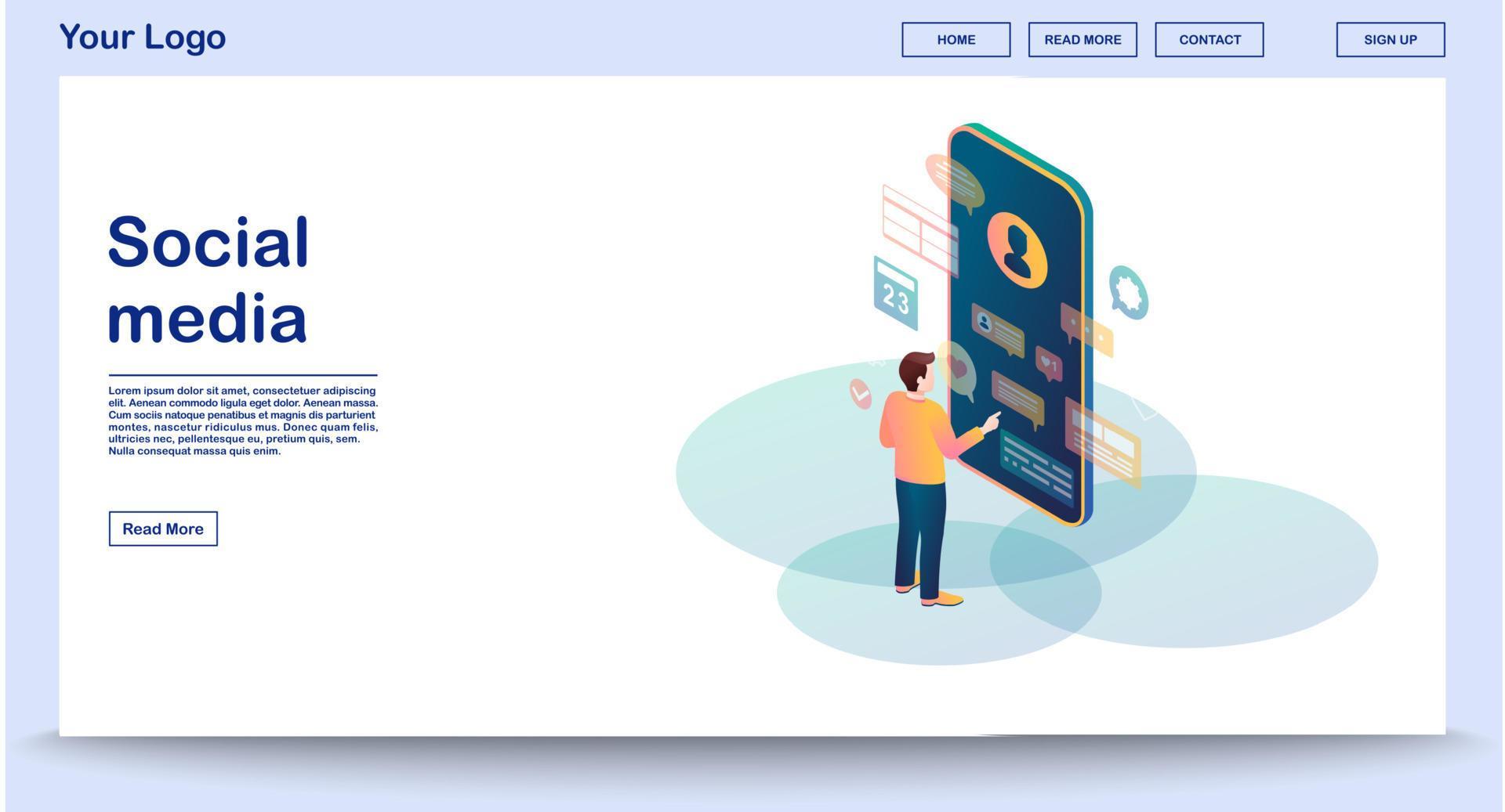 Social media webpage vector template with isometric illustration ...