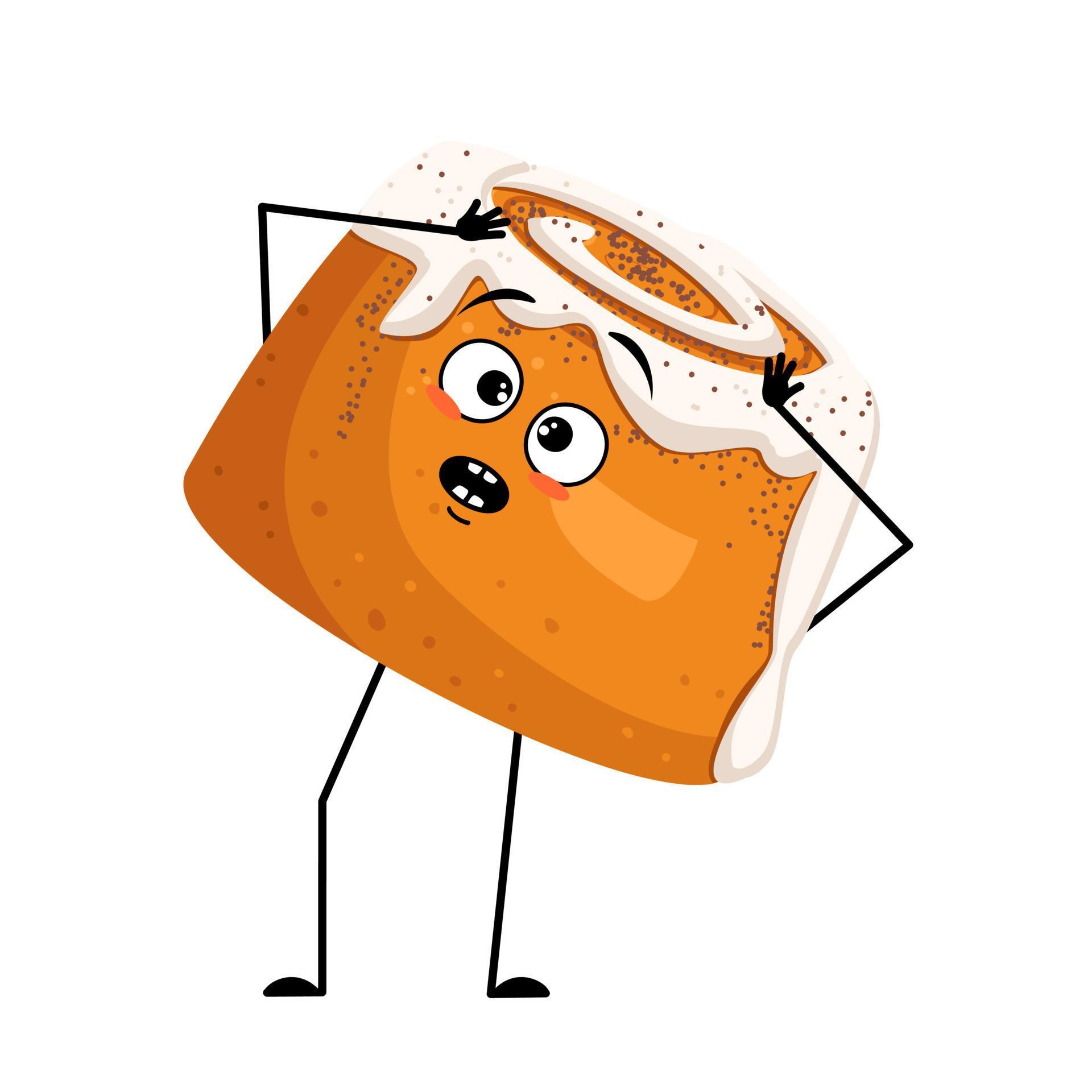 Cute Cinnamon Pastry Bun Character With Emotions In Panic Grabs His