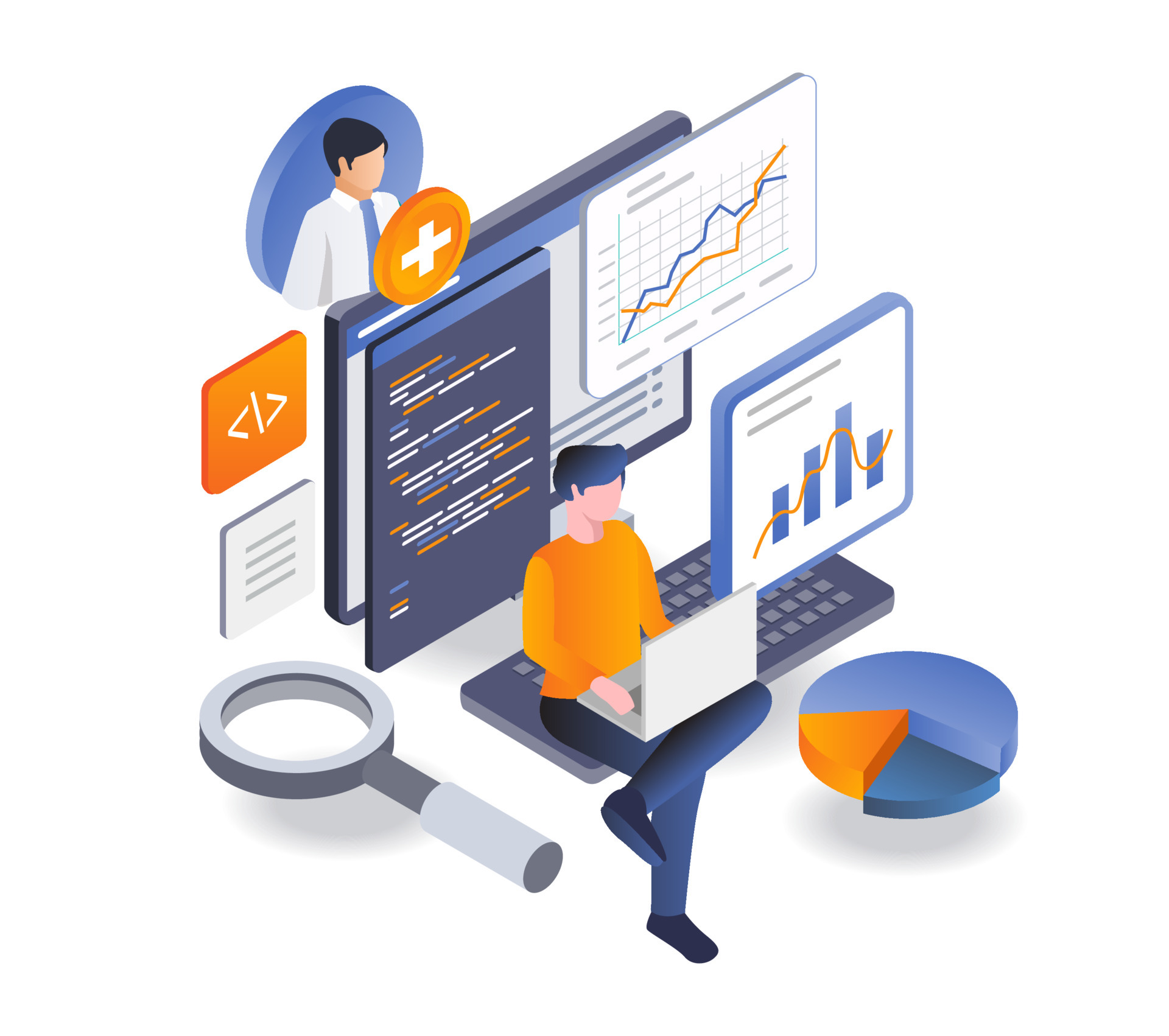 Programmer Analyzing Data With Laptop 4474377 Vector Art At Vecteezy