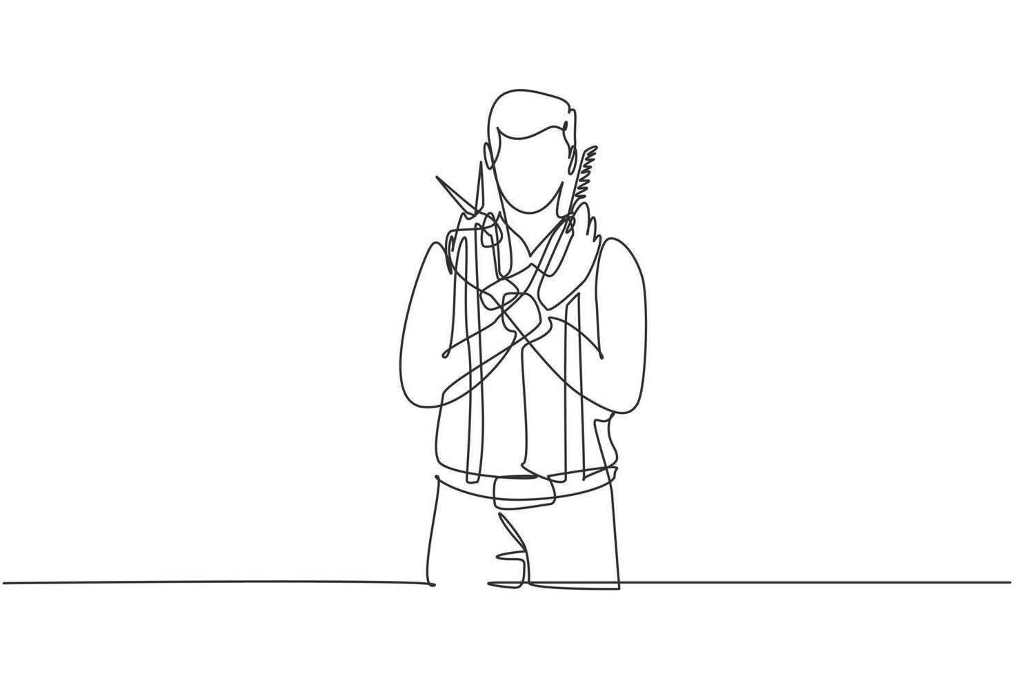 Single one line drawing barber scissors and straight razor. Vintage ...