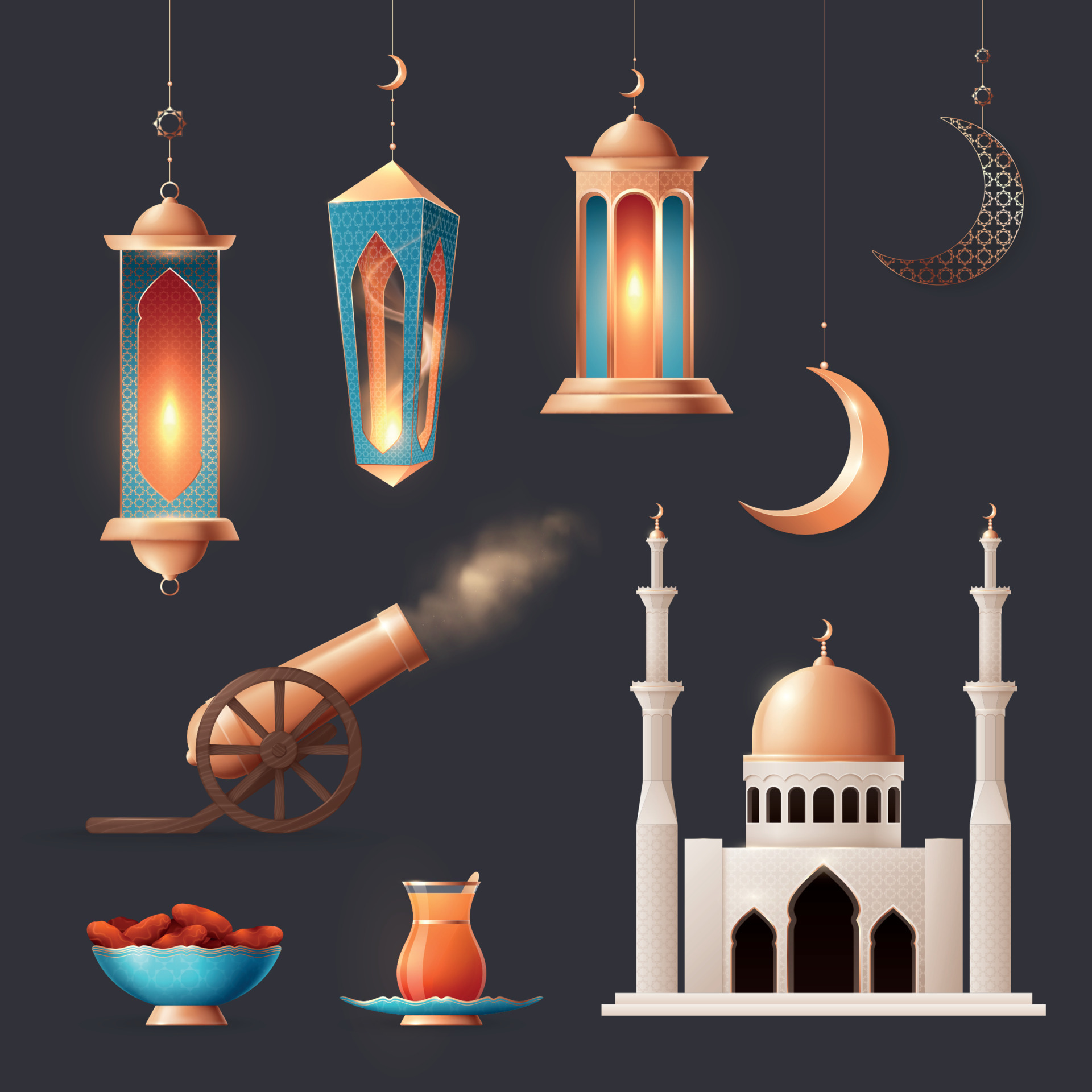 Ramadan Realistic Icons Collection 4480984 Vector Art at Vecteezy