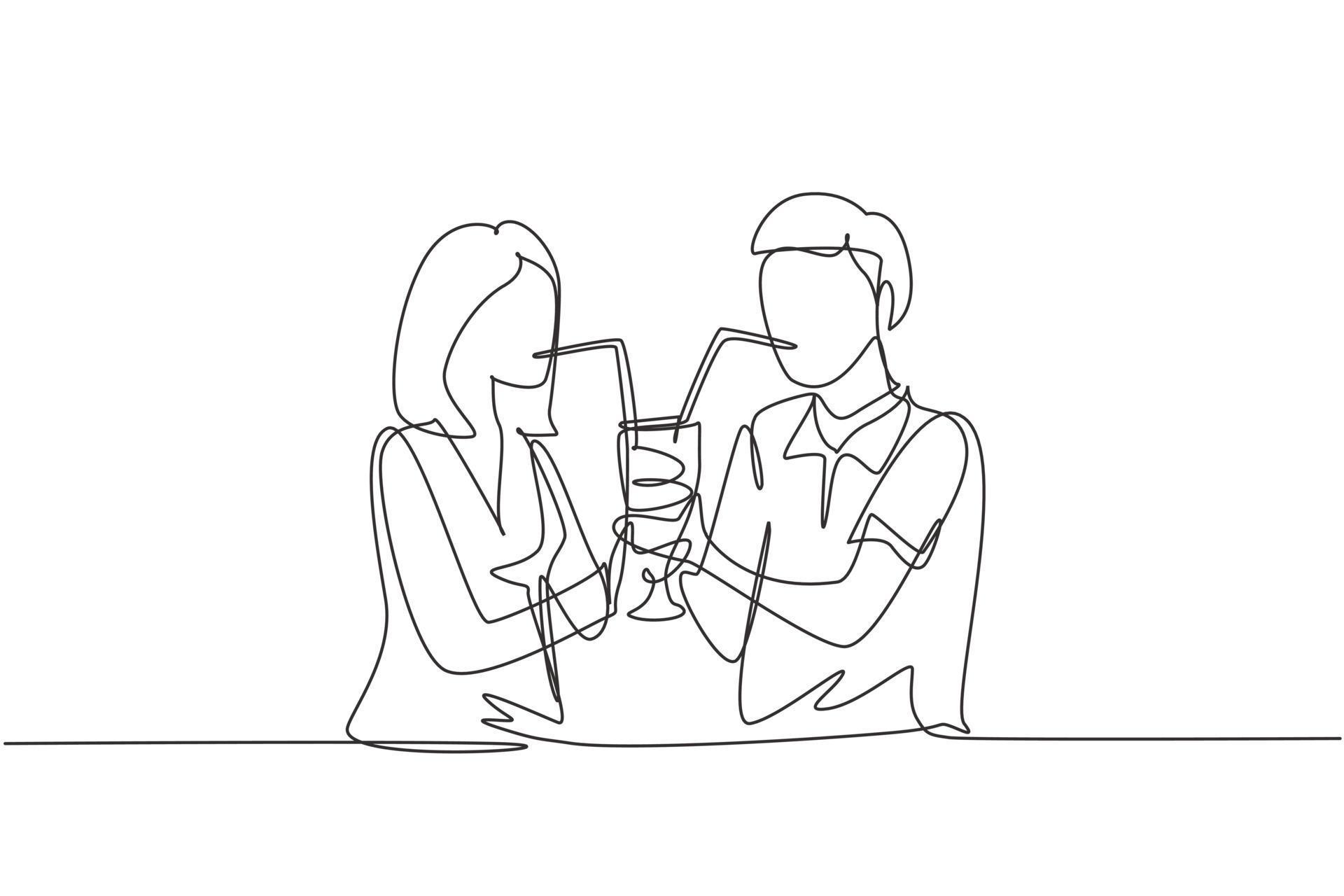 Dibujo De Línea Continua única Pareja Joven Bebiendo Con Pajitas Y
