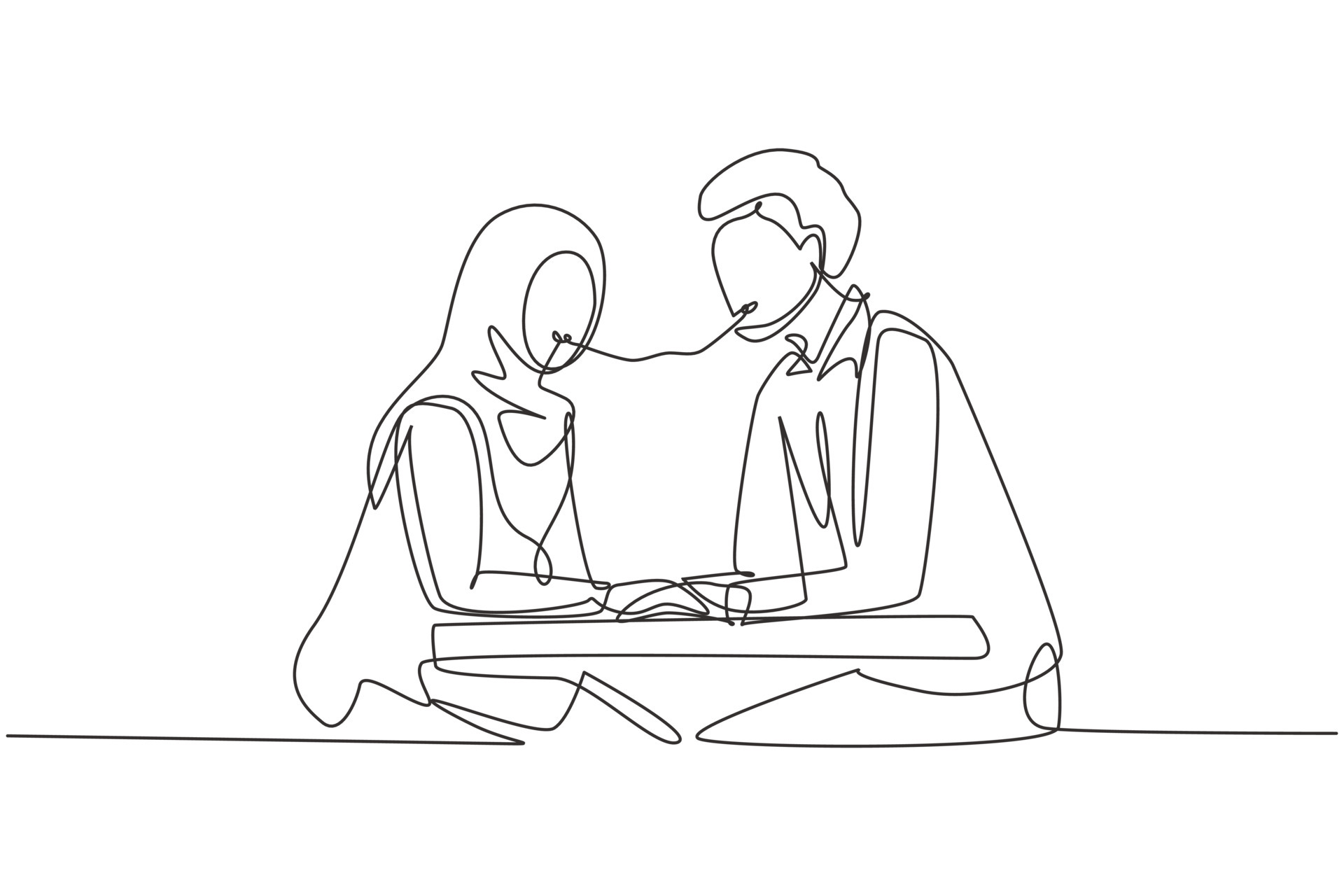 Continuous One Line Drawing Young Arabian Couple Eating Spaghetti