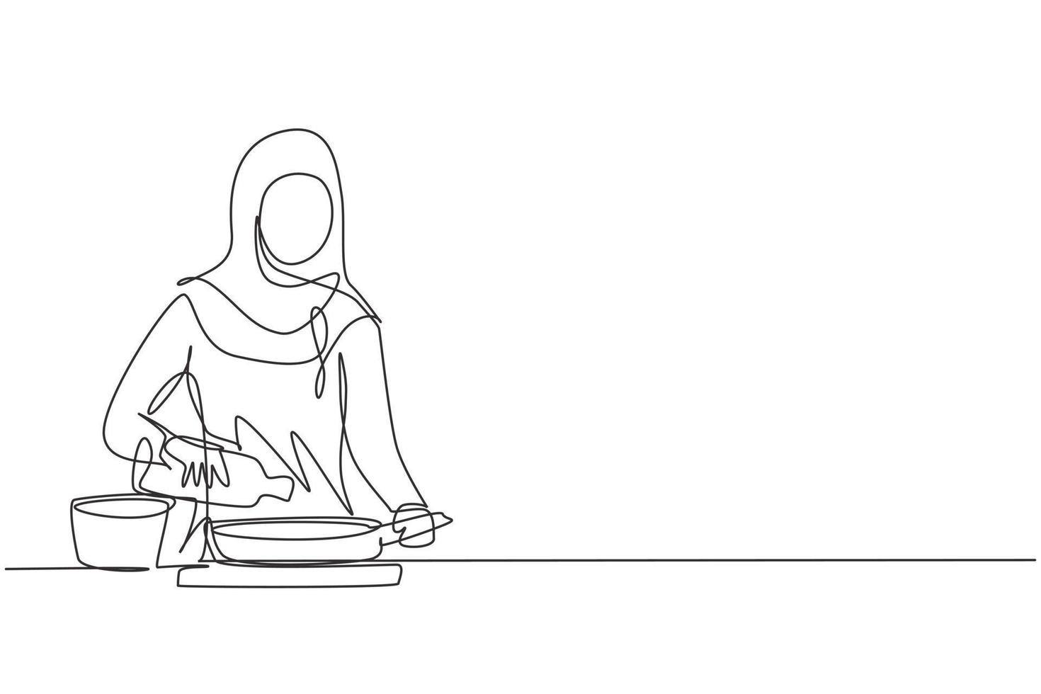 Single One Line Drawing Arabian Woman Pouring Cooking Oil From Bottle