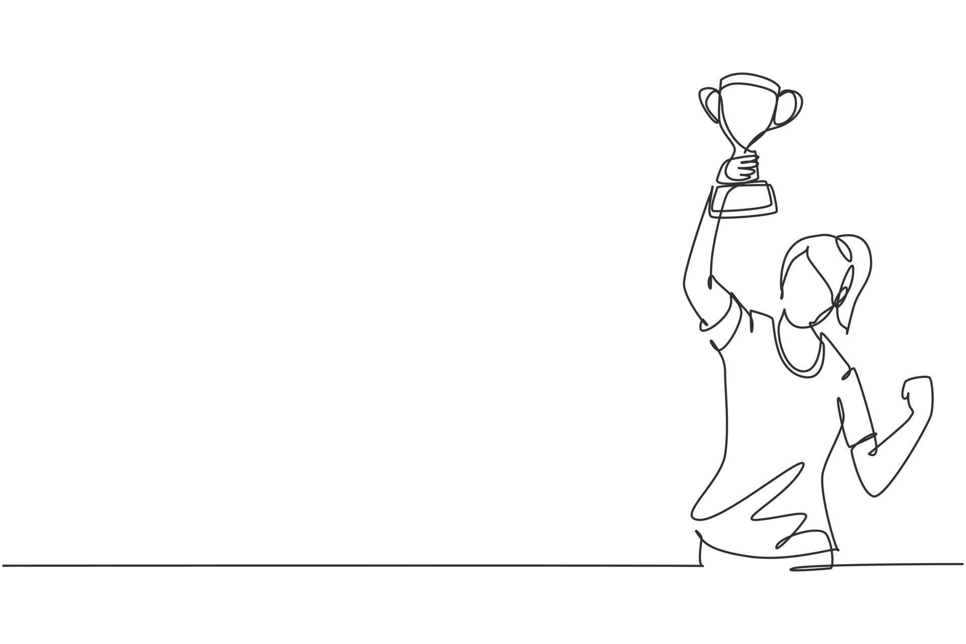 Single continuous line drawing female athlete in sports jersey holding ...