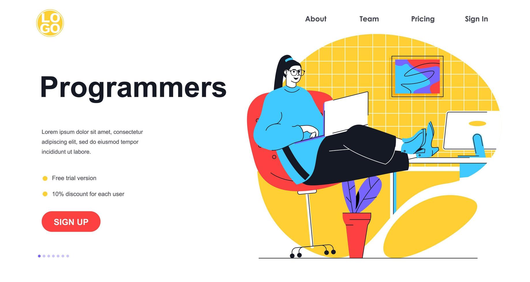 Programmers working web banner concept. Woman working on laptop in ...