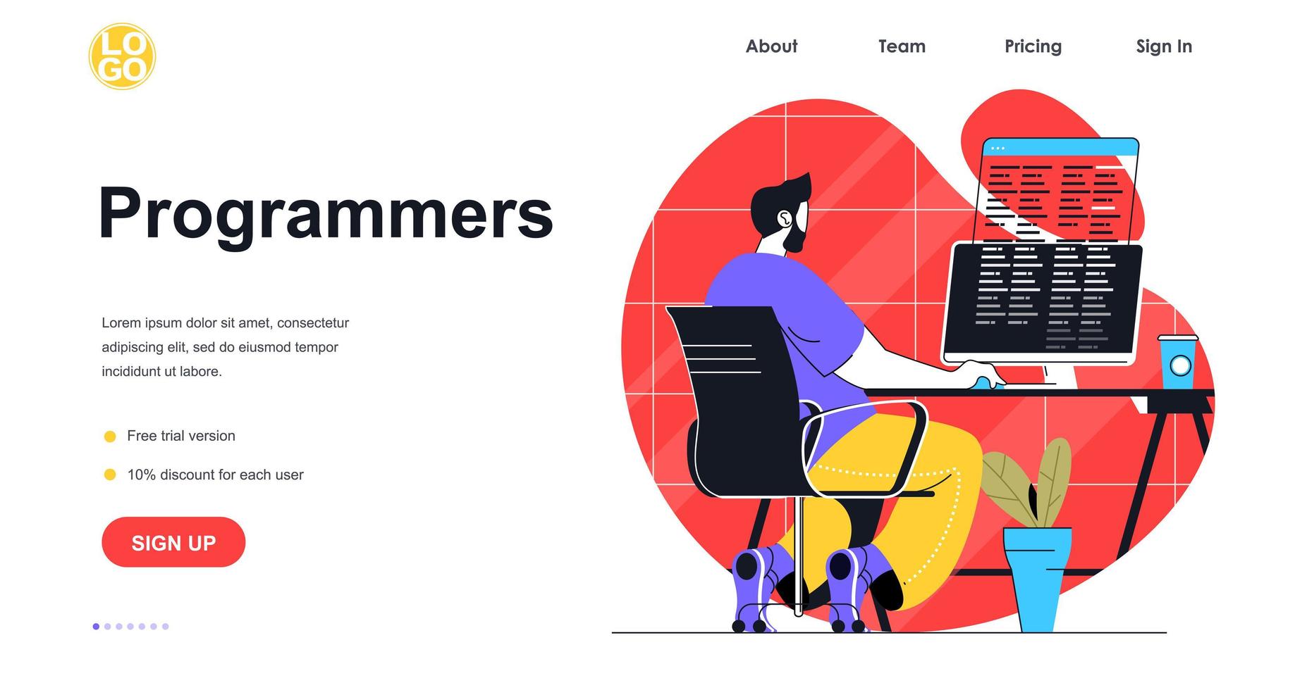 Programmers Working Web Banner Concept Man Works On Computer In Office Workplace Coding Code