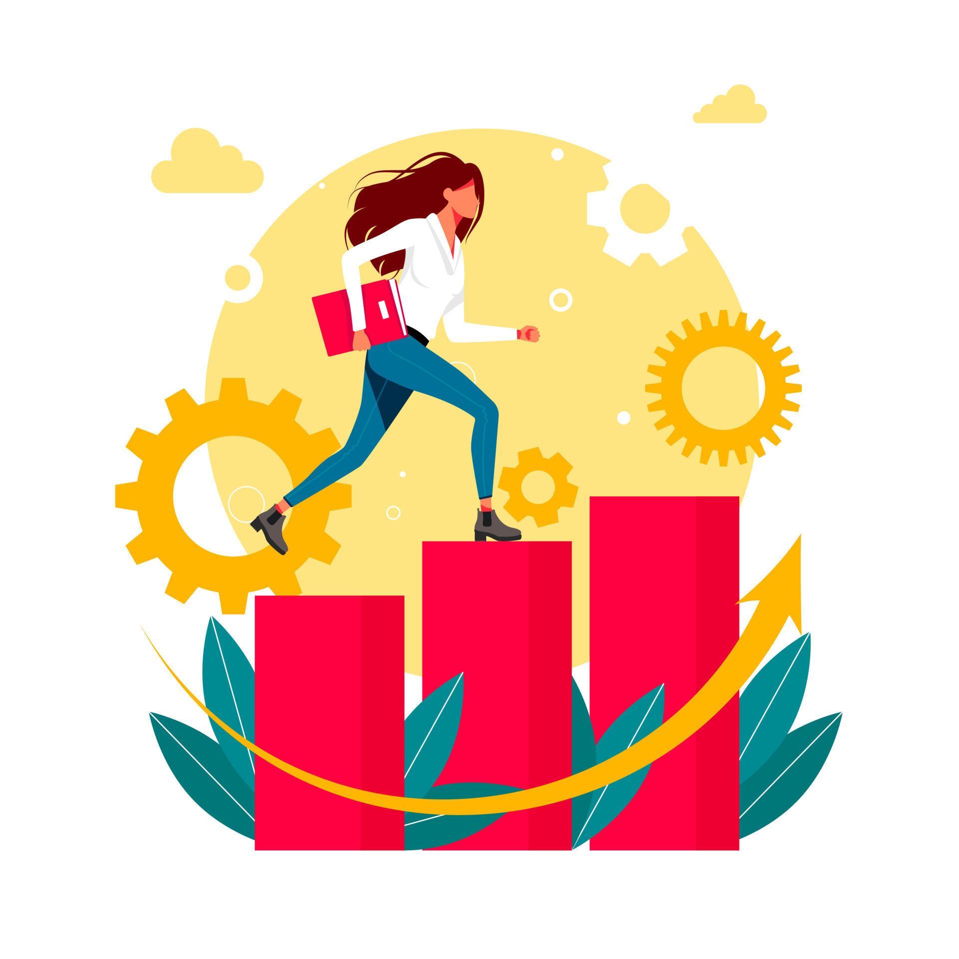 office workers, managers, women, girl running up the career stairs. Business goal achievement ...