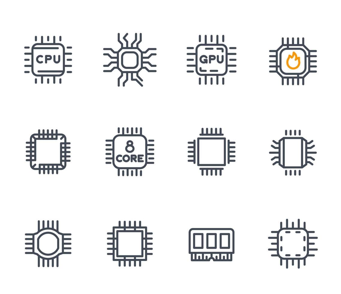 Chipset, cpu line icons, microchip, 8 core processor, microcircuit 4509225 Vector Art at Vecteezy