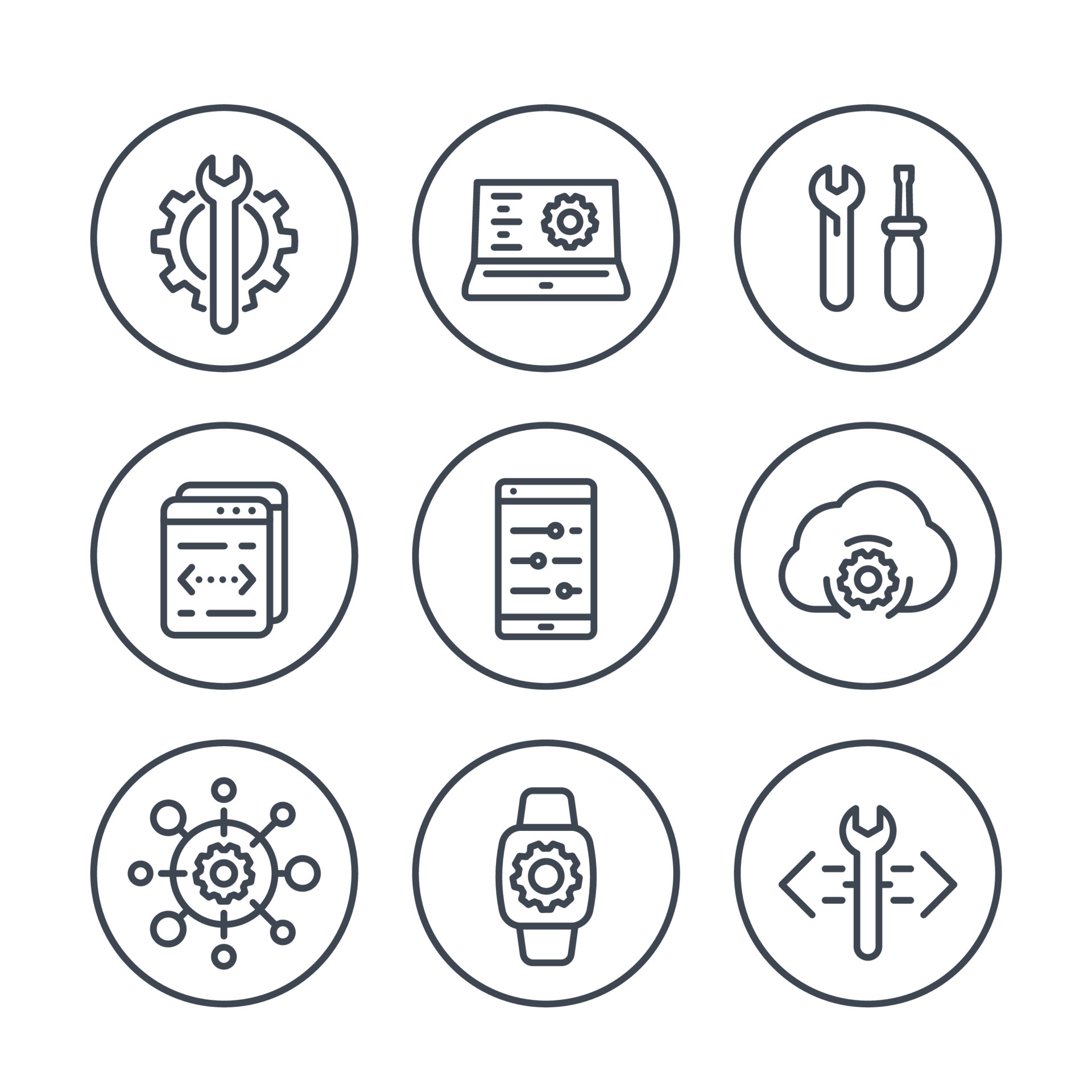 Development Engineering Configuration Line Icons In Circles For Apps And Web 4509618 Vector
