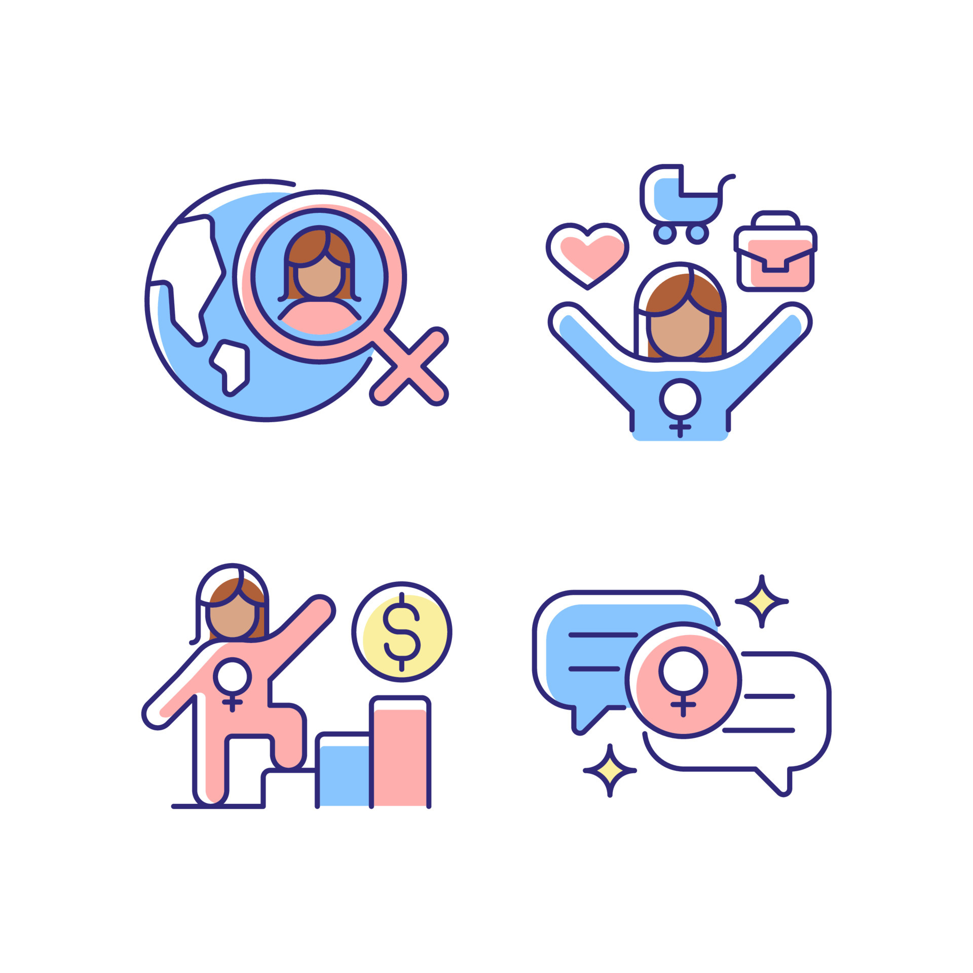 Mainstream Feminism Rgb Color Icons Set Women Rights Movement Across
