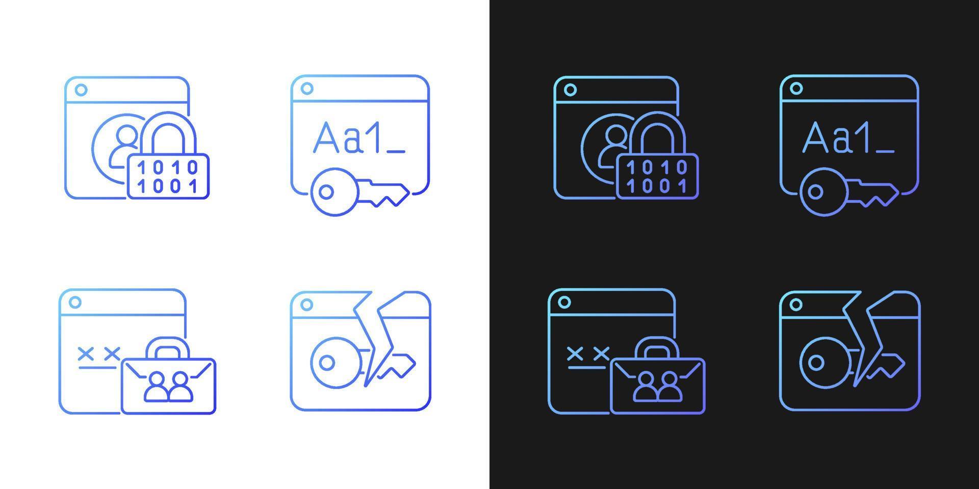 Password encryption gradient icons set for dark and light mode. Internet safety. System security ...