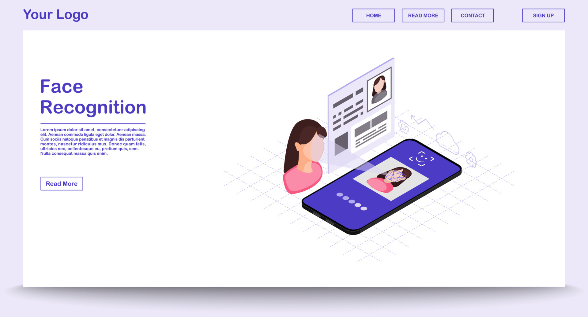 Faceprint Analysis Webpage Vector Template With Isometric Illustration Face Recognition