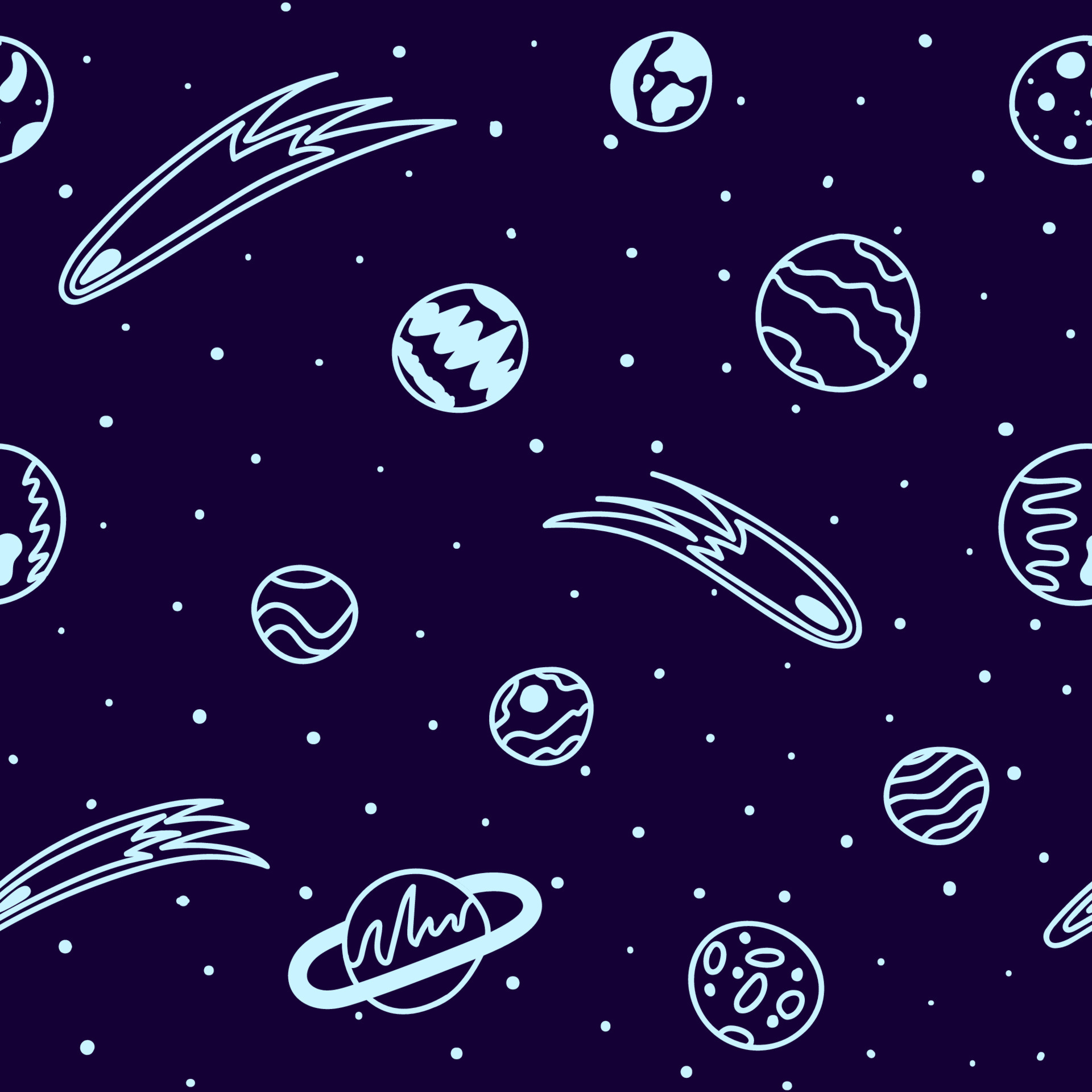 Space pattern. Planets and comets on a background of a blue starry sky ...