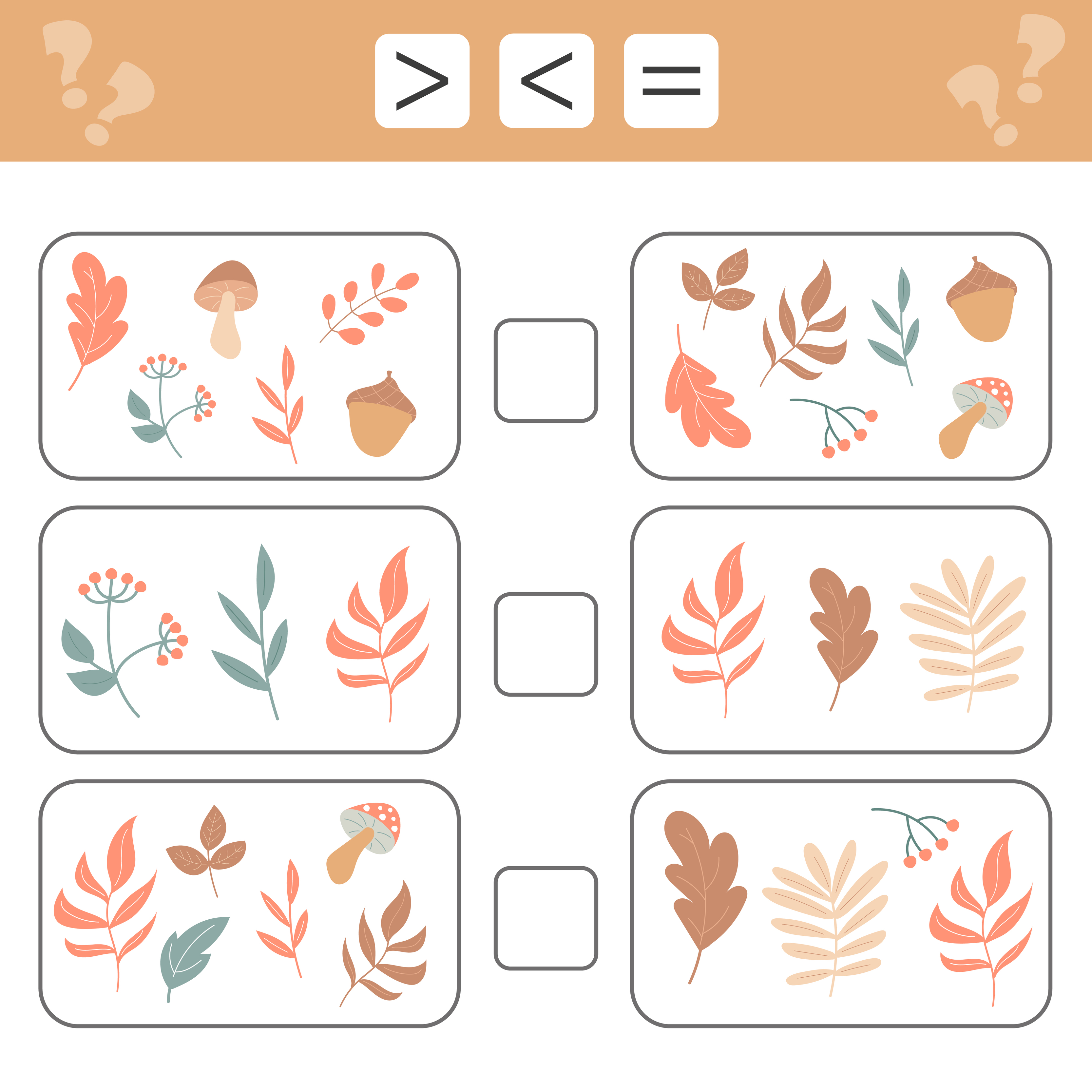 comparar números. menor que, mayor que, igual. hojas de otoño del ...