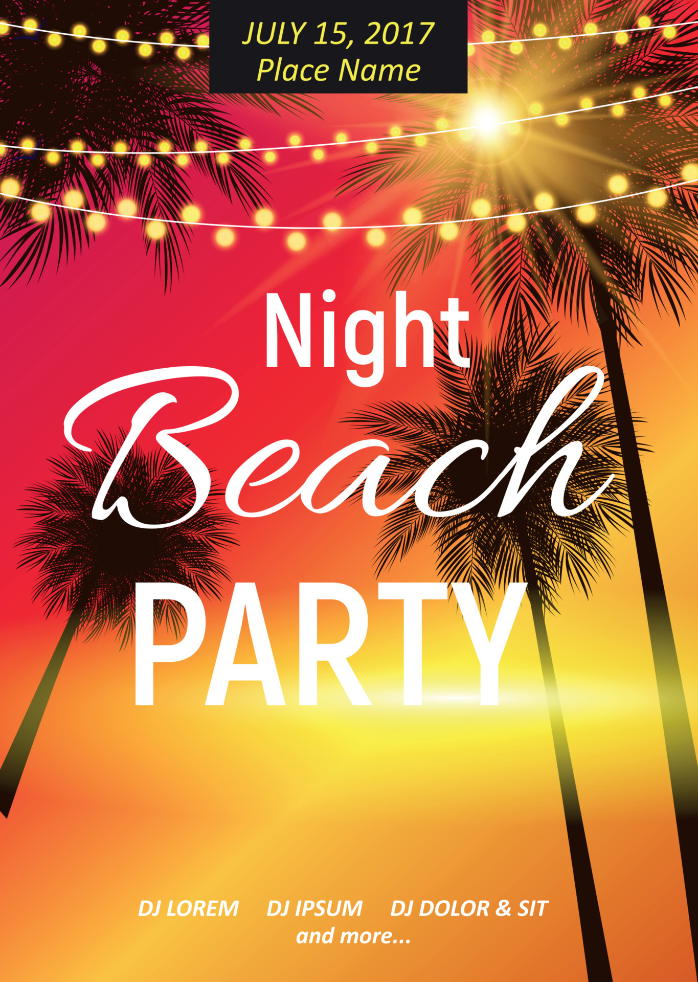 Summer Night Beach Party Poster Tropical Natural Background With Palm