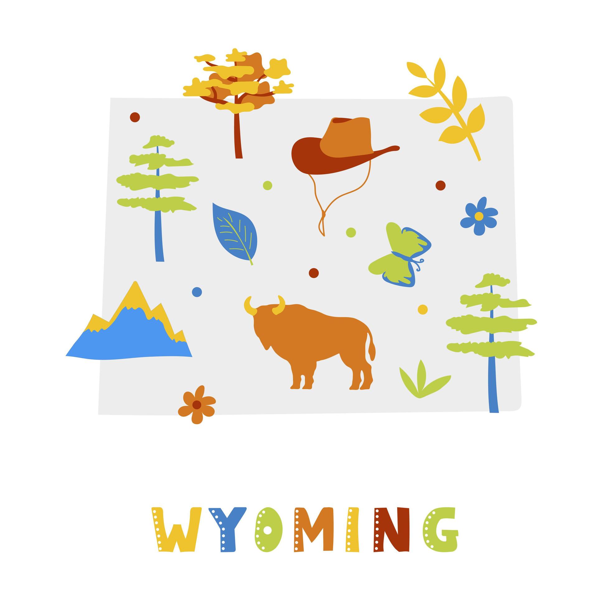USA map collection. State symbols on gray state silhouette - Wyoming ...