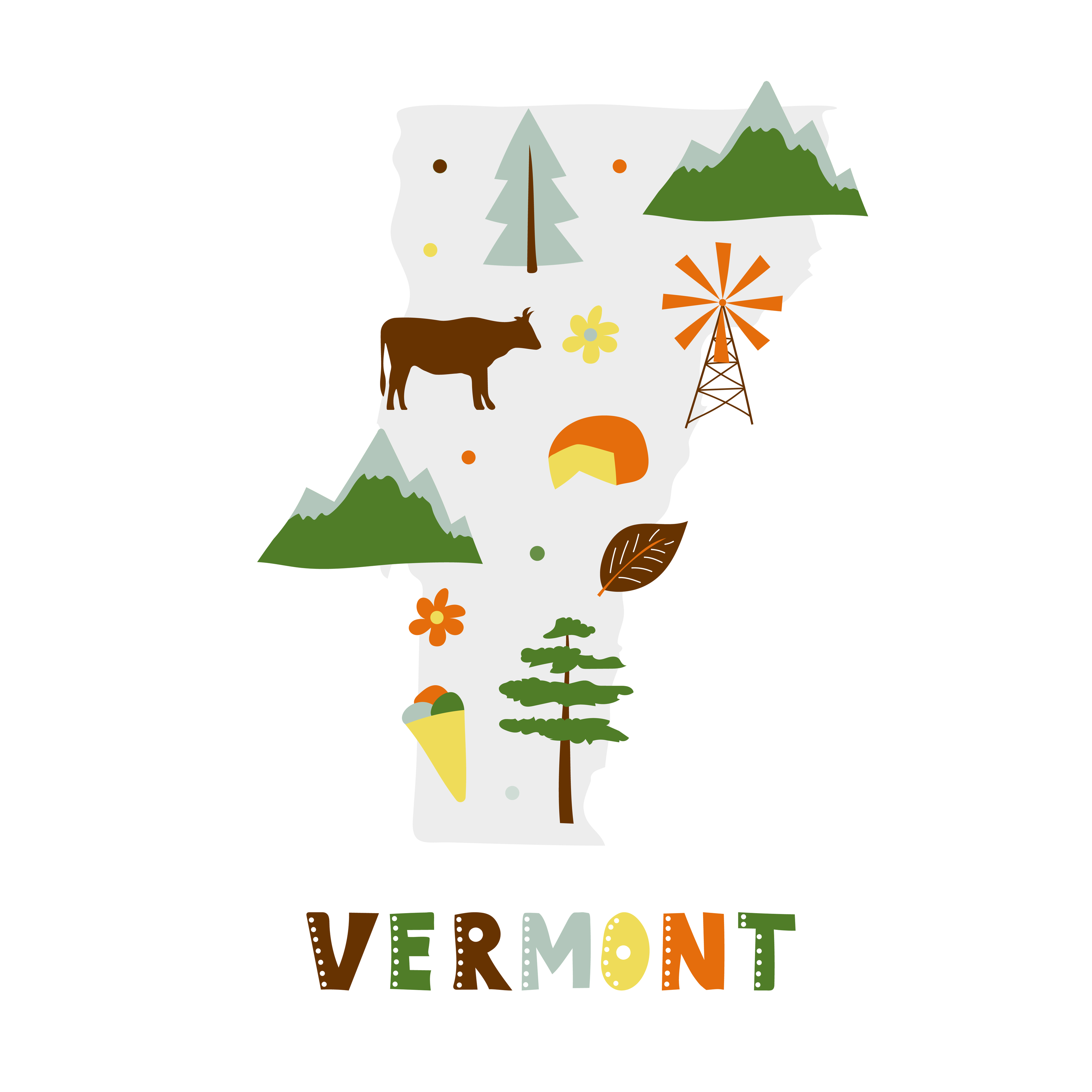 USA map collection. State symbols on gray state silhouette - Vermont ...