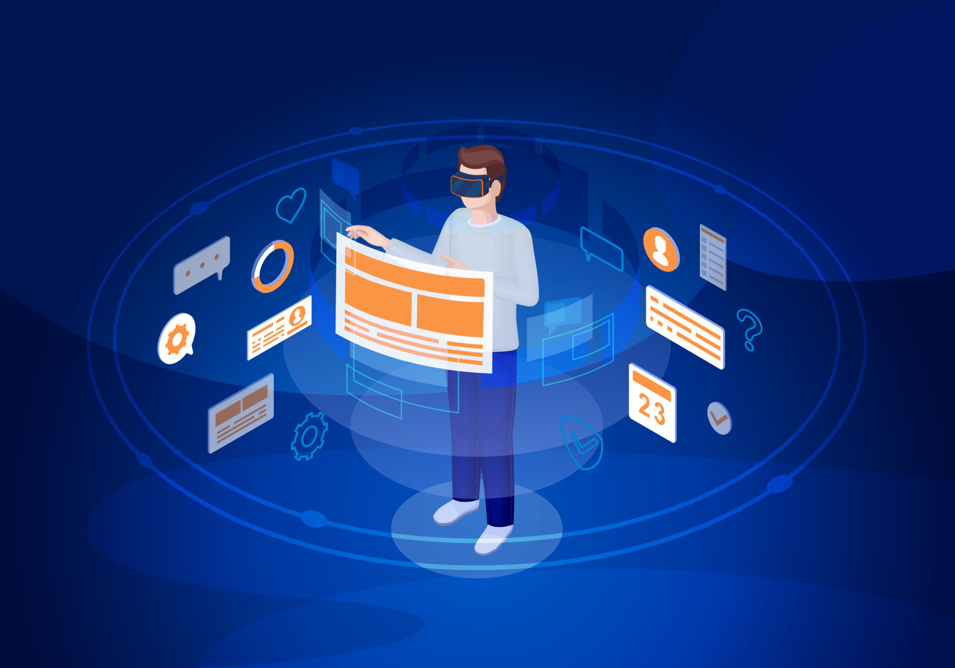 Virtual reality UI isometric vector illustration. VR user interface and navigation. Futuristic ...