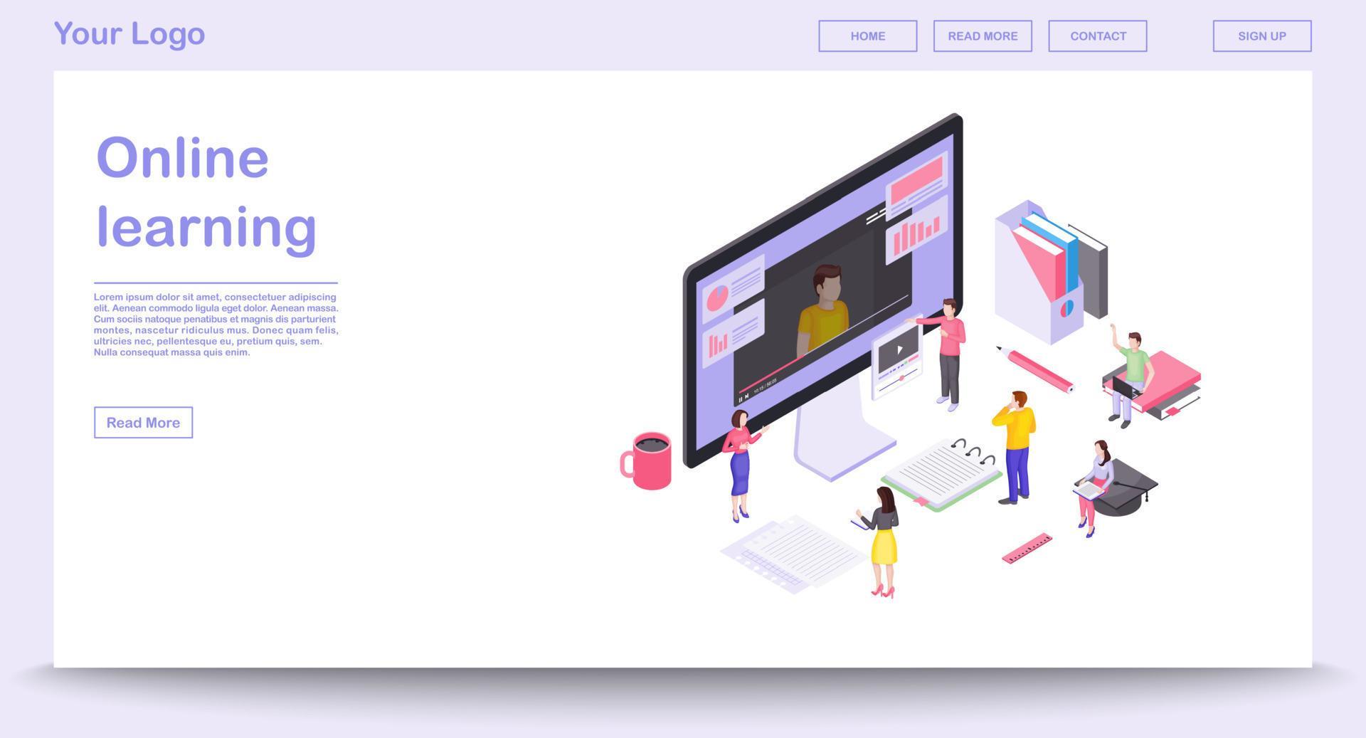 Online learning webpage vector template with isometric illustration ...