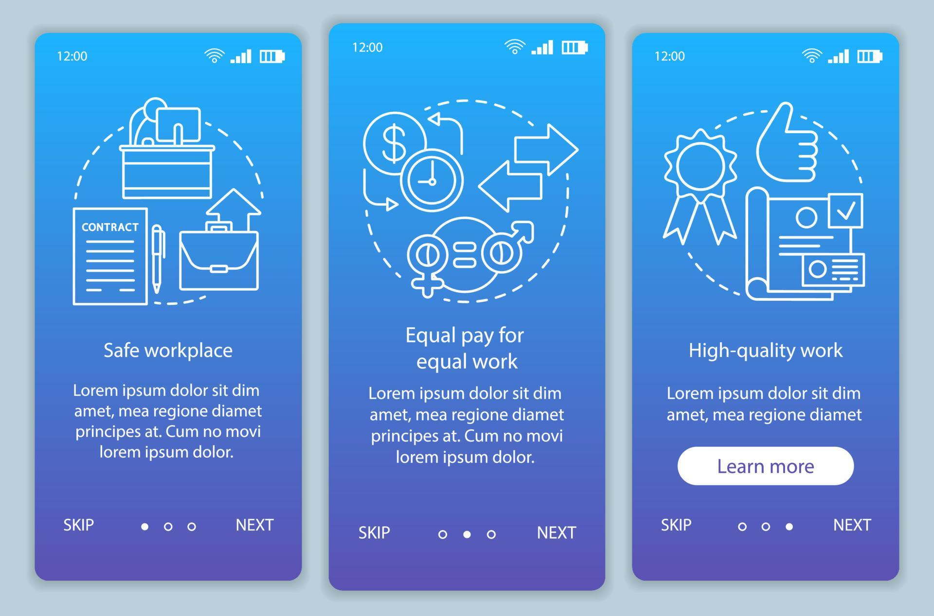 Work Ethics Onboarding Mobile App Page Screen Vector Template Safe Workplace Equal Pay For