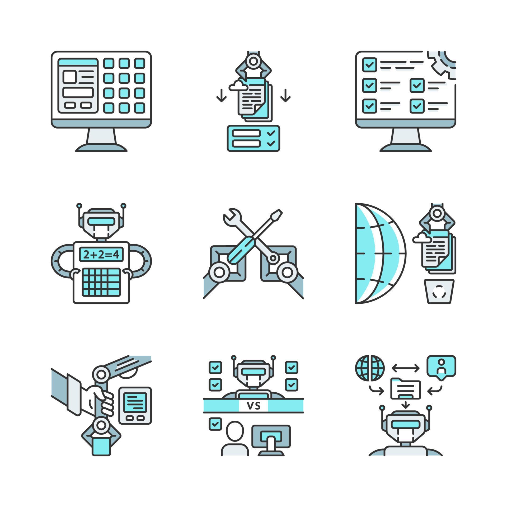 Rpa Color Icons Set Robotic Process Automation Benefits Artificial Intelligence Worker Gui