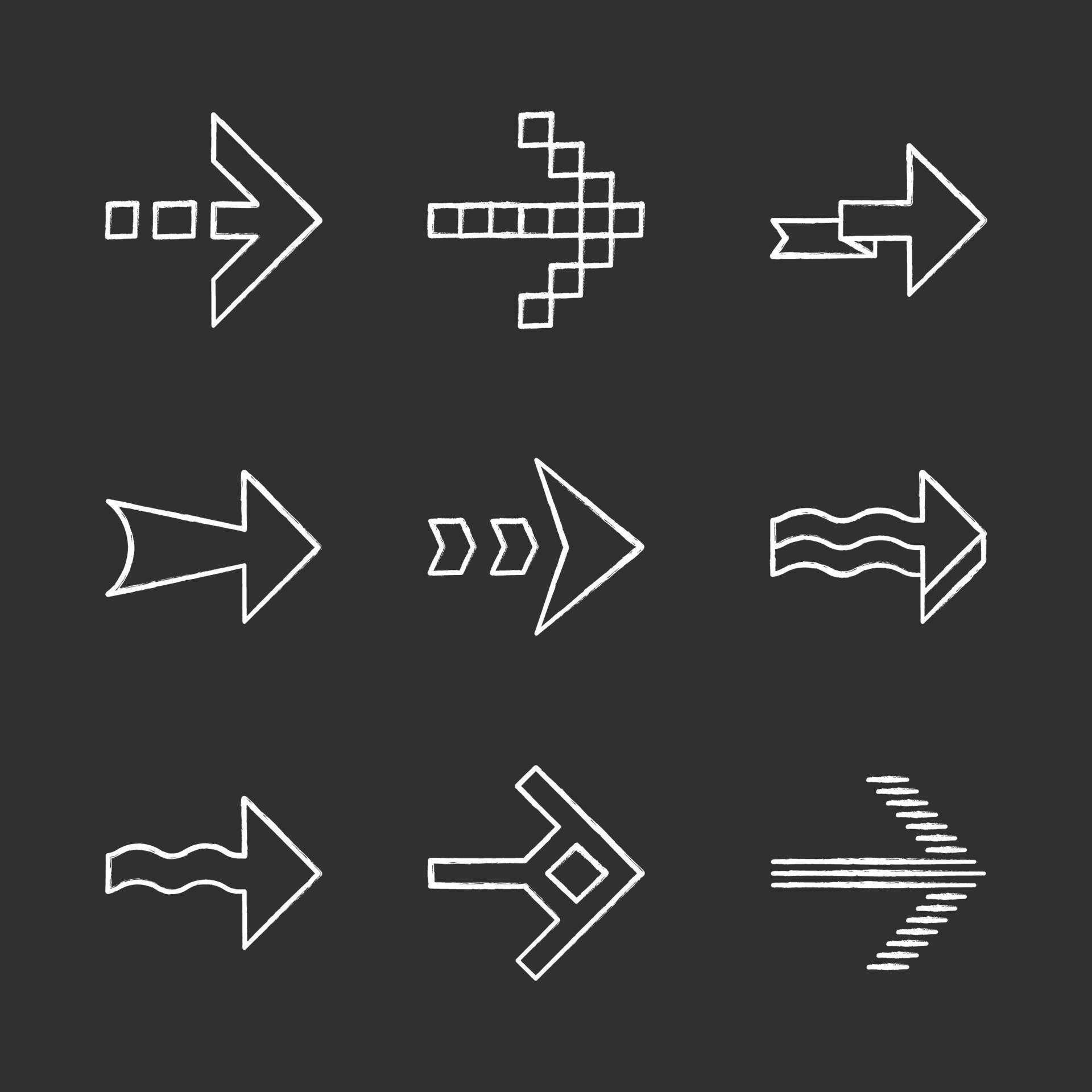 Arrows chalk icons set. Wavy, pixel, folding, striped, dashed next arrows. Navigation pointer ...