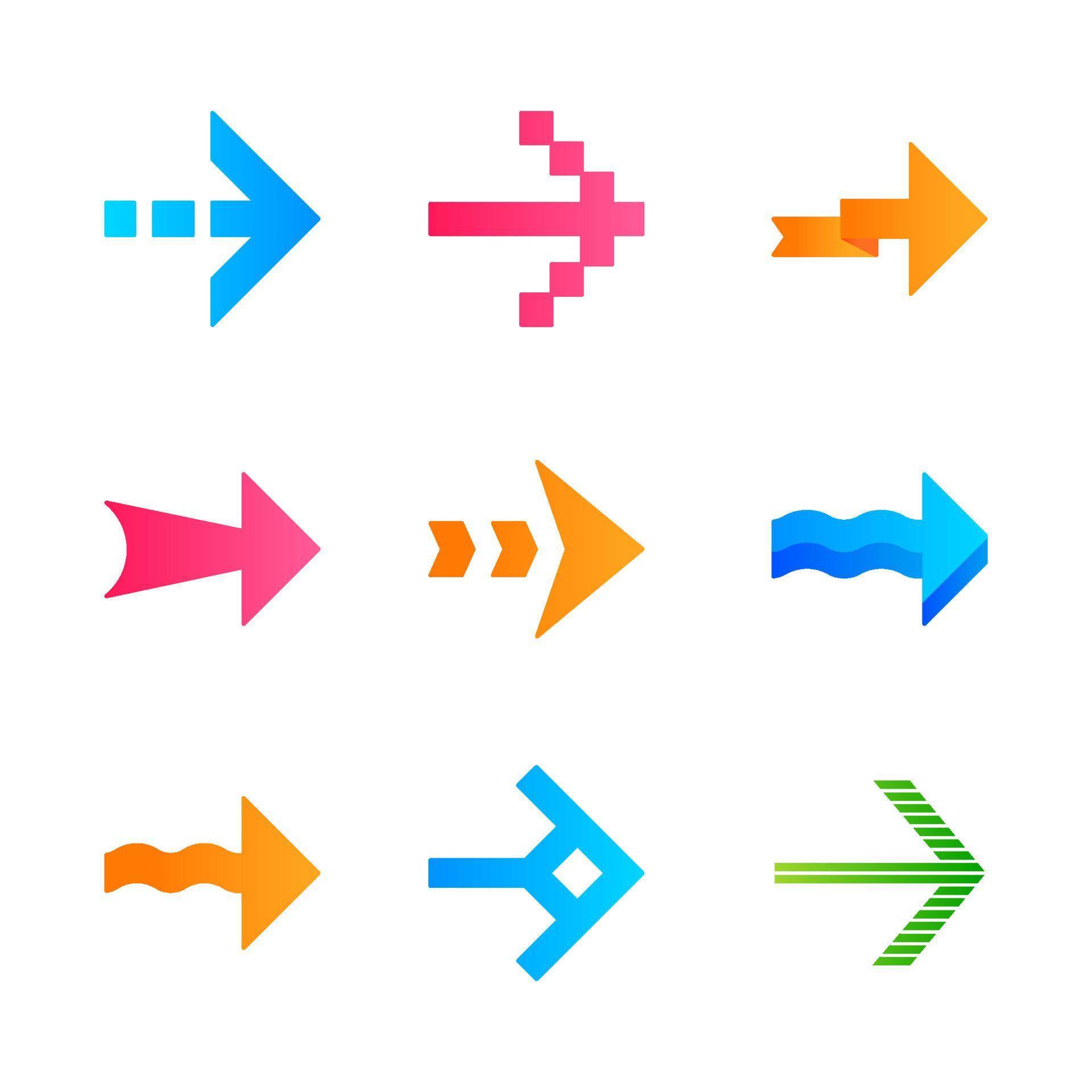 Arrows flat design long shadow color icons set. Wavy, pixel, folding, striped, dashed next ...